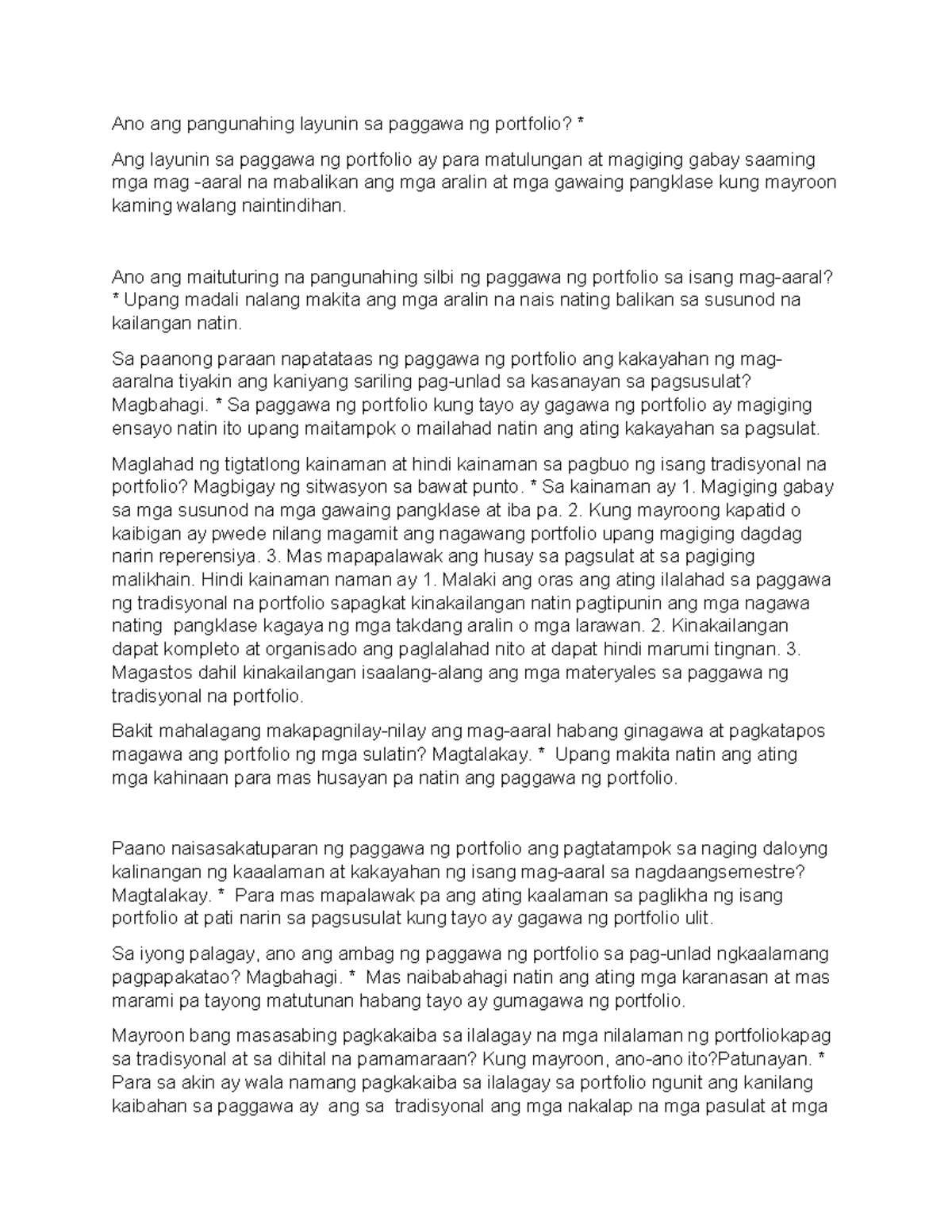 Portfolio - n/a - Ano ang pangunahing layunin sa paggawa ng portfolio ...