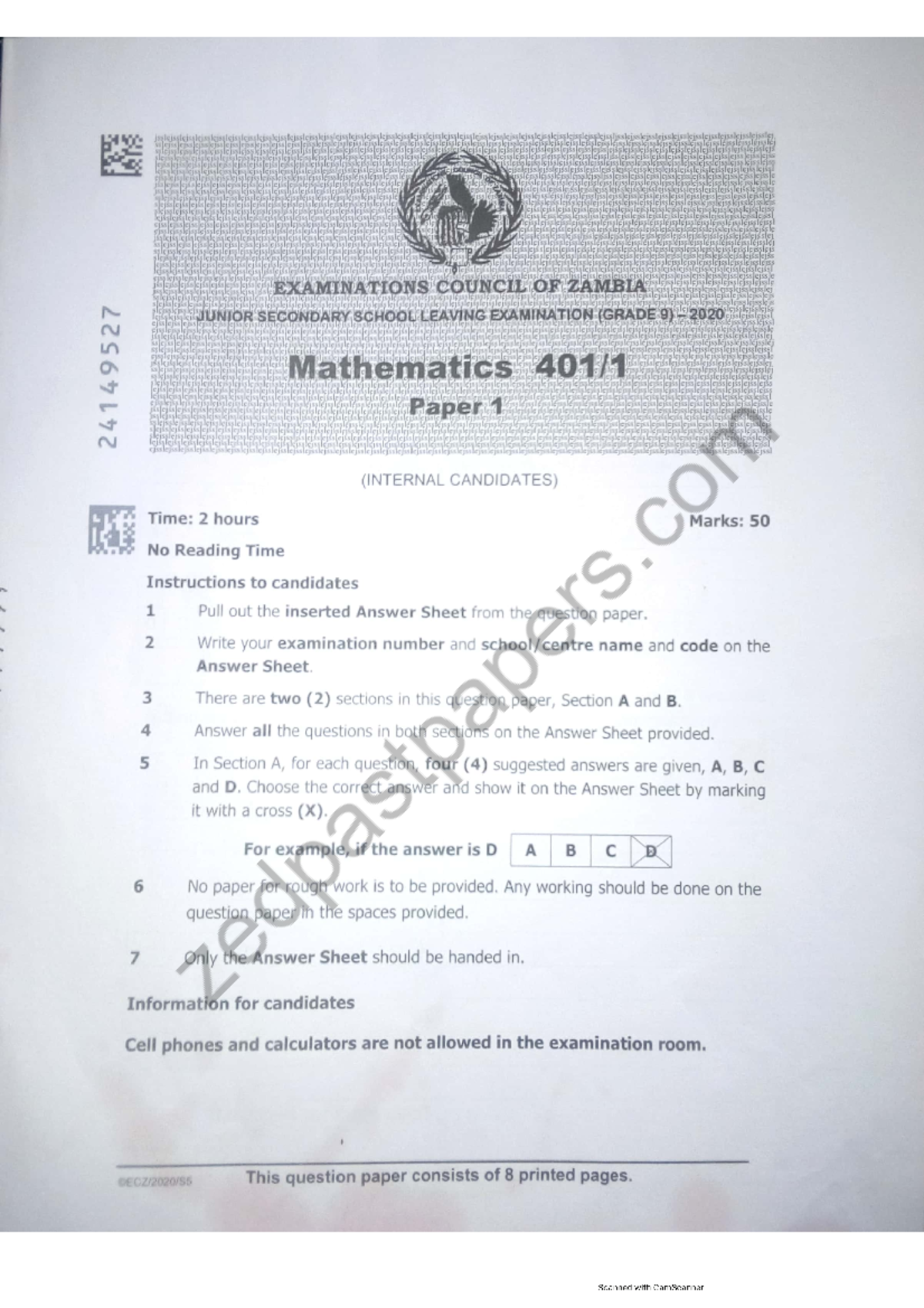 G9 2020 Math P1 Internal - EXAMINATIONS COUNCIL OF ZAMBIA JUNIOR SECONDARY SCHOOL LEAVING - Studocu