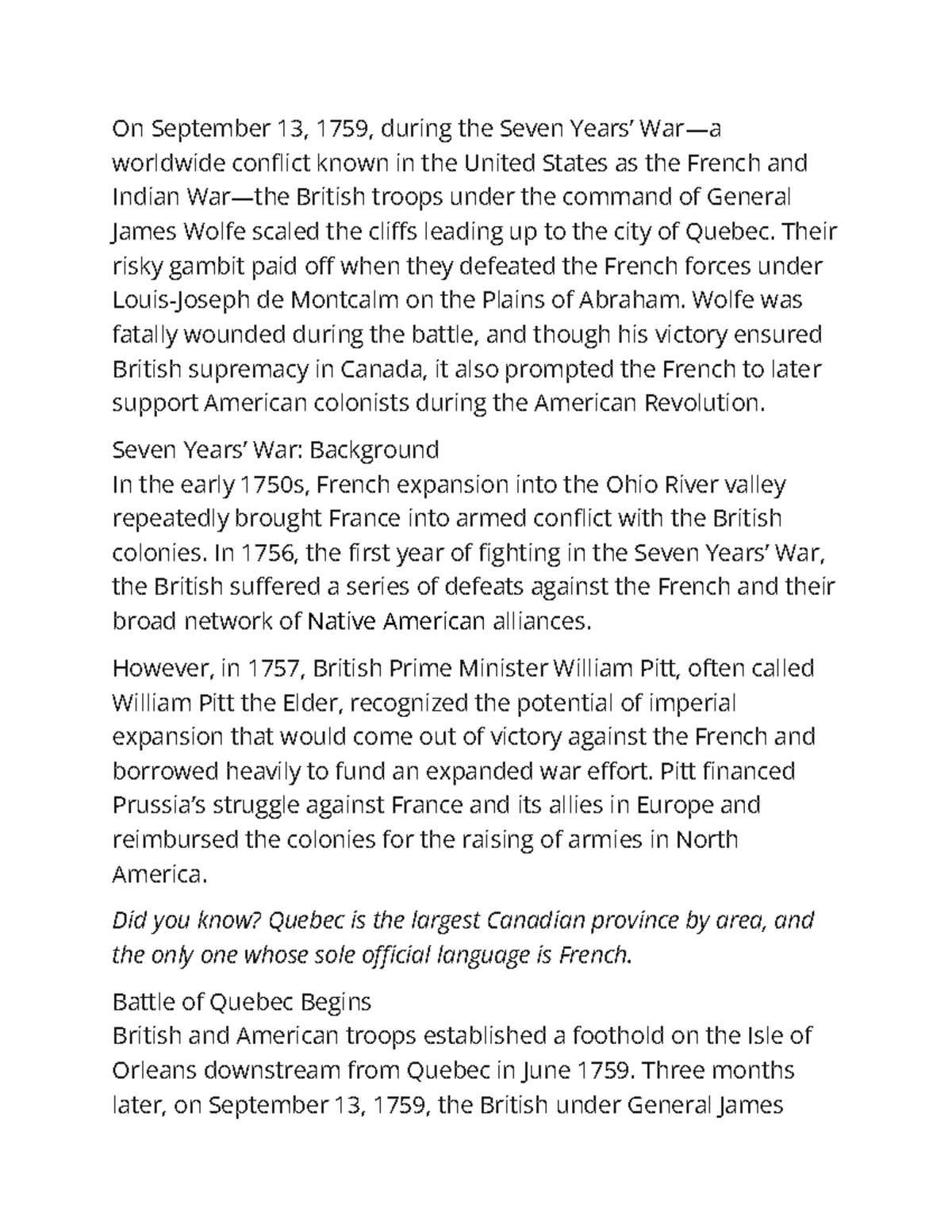 Battle Of Quebec Notes - On September 13, 1759, during the Seven Years ...