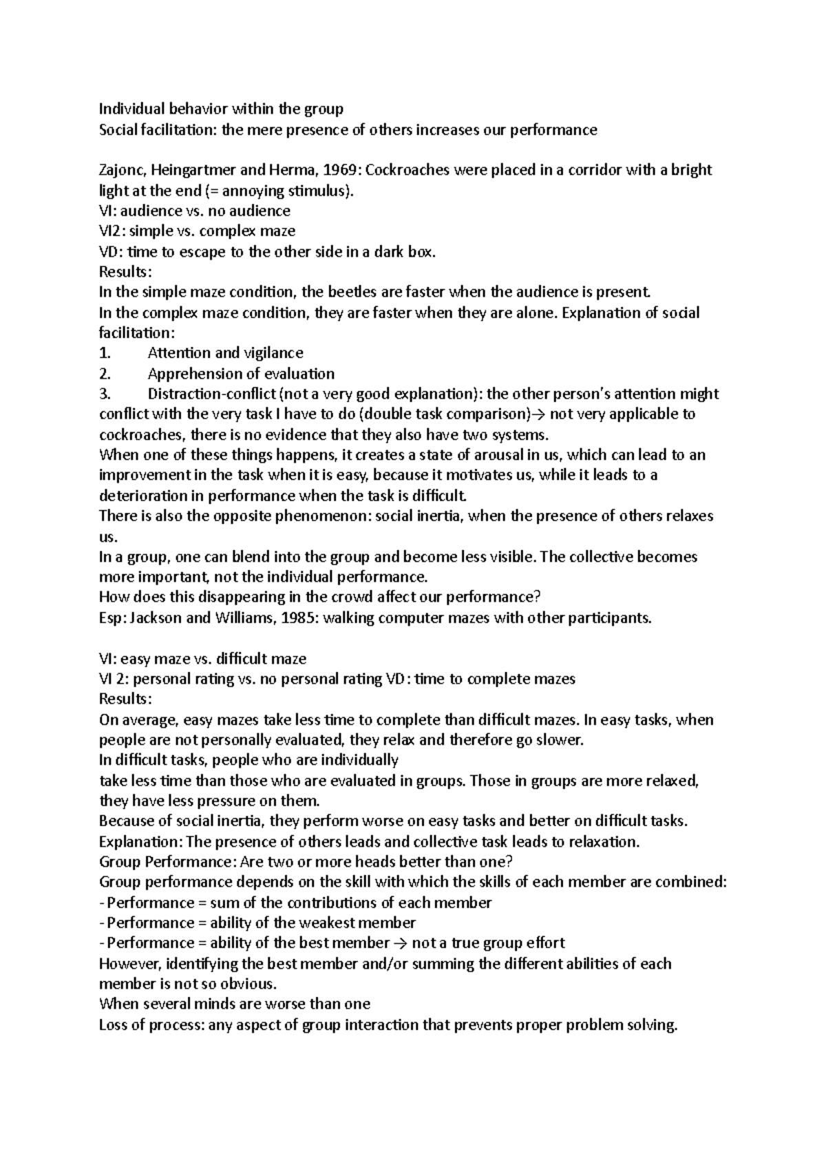 Individual behavior within the group - VI: audience vs. no audience VI2 ...