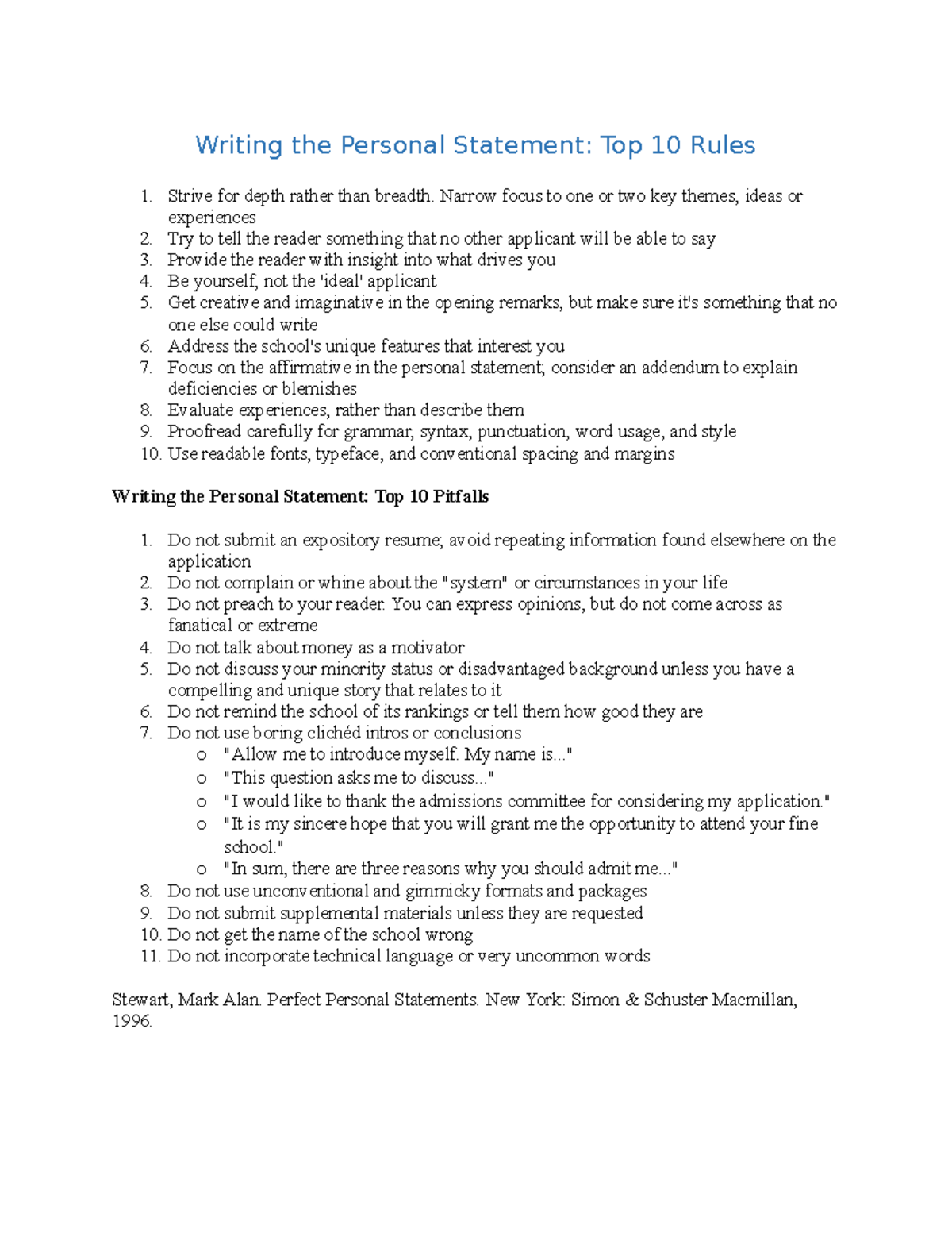 Rules and pitfalls assignment - Writing the Personal Statement: Top 10 ...