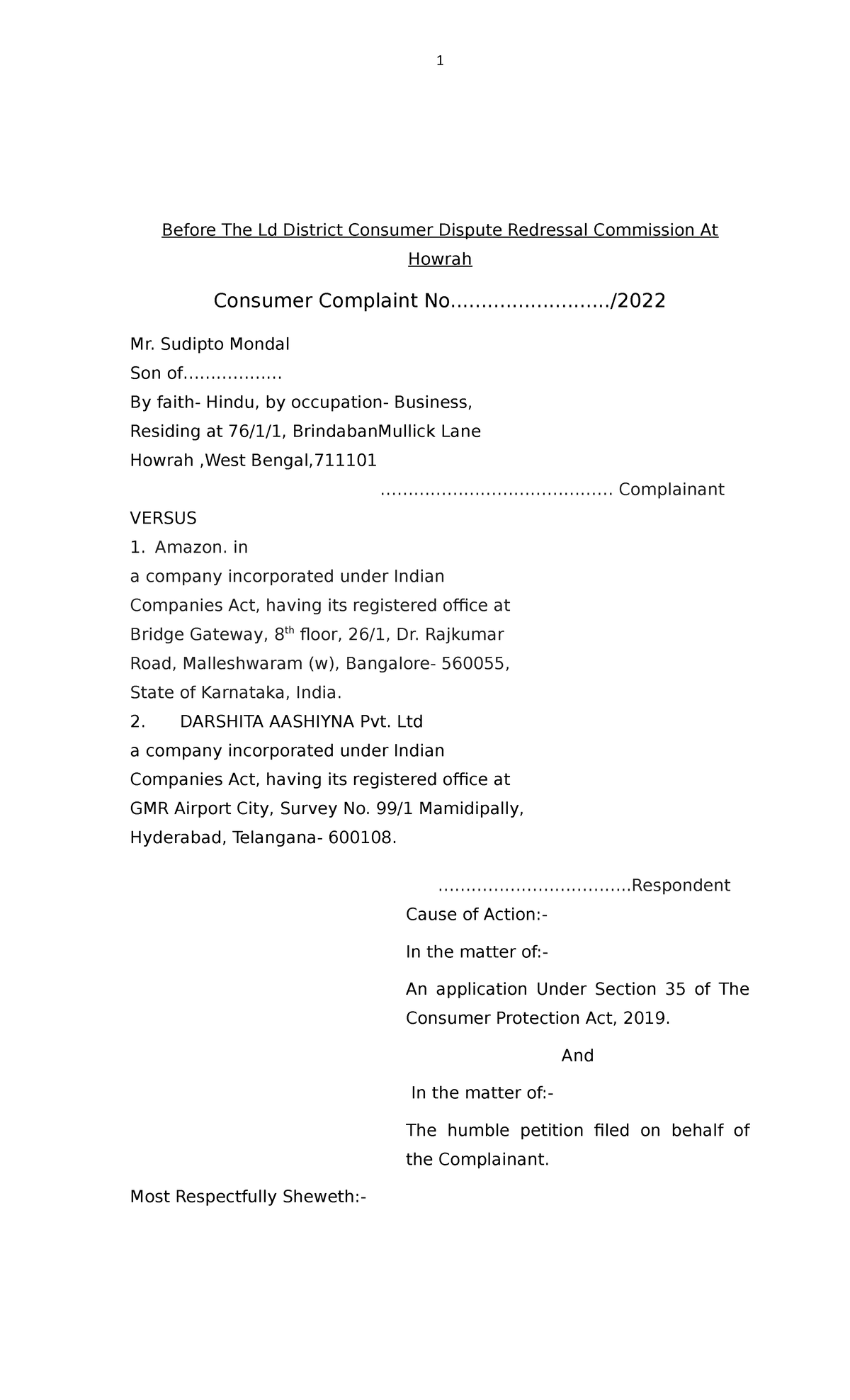 Consumer complaint - Before The Ld District Consumer Dispute Redressal ...