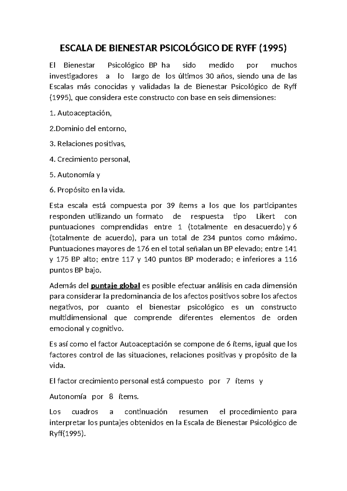 Escala DE Bienestar Psicológico DE RYFF - ESCALA DE BIENESTAR ...