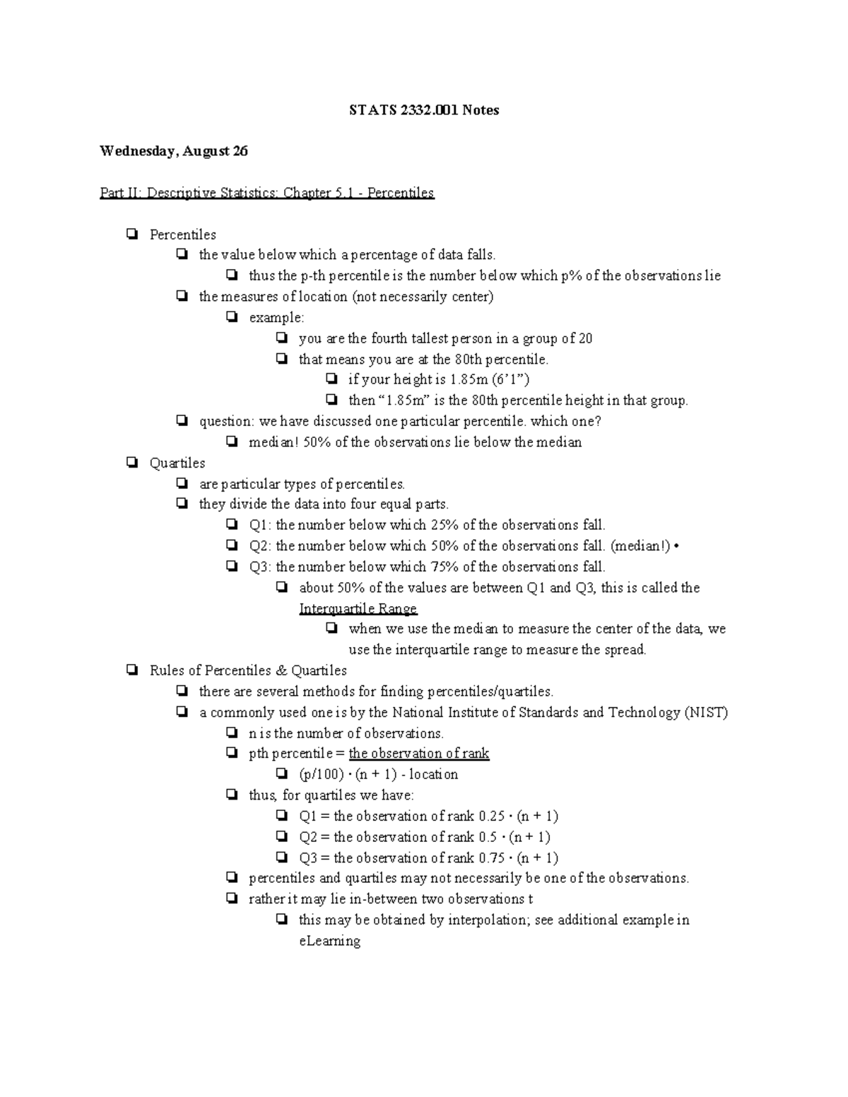 Chapter 5 Part 1 - Lecture notes 4-5 - STATS 2332 Notes Wednesday ...