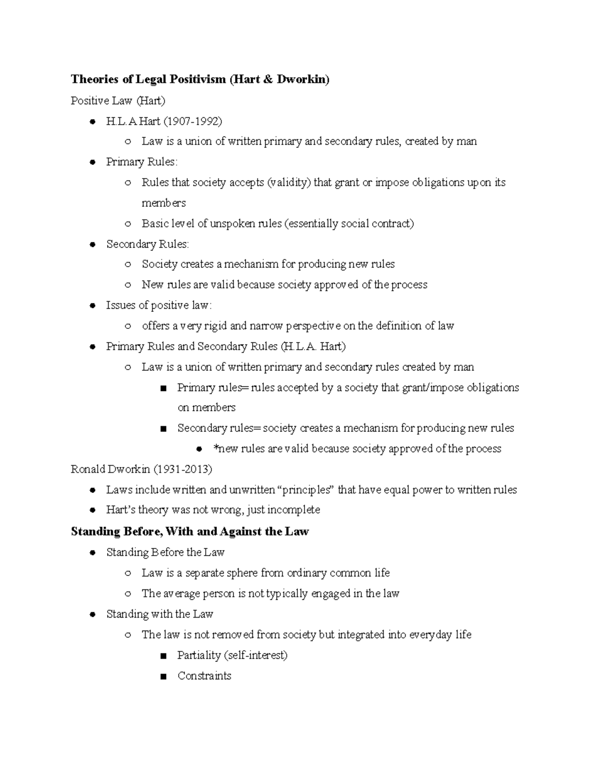 Final Review Sheet - Theories of Legal Positivism (Hart & Dworkin ...