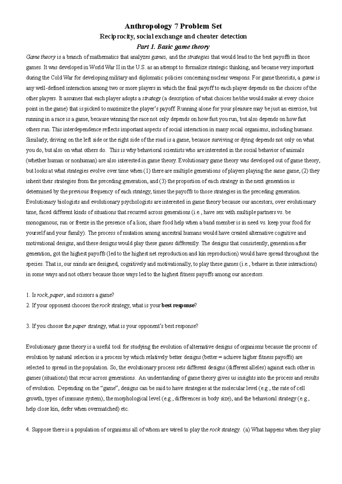 Reciprocity Problem Set - Anthropology 7 Problem Set Reciprocity ...