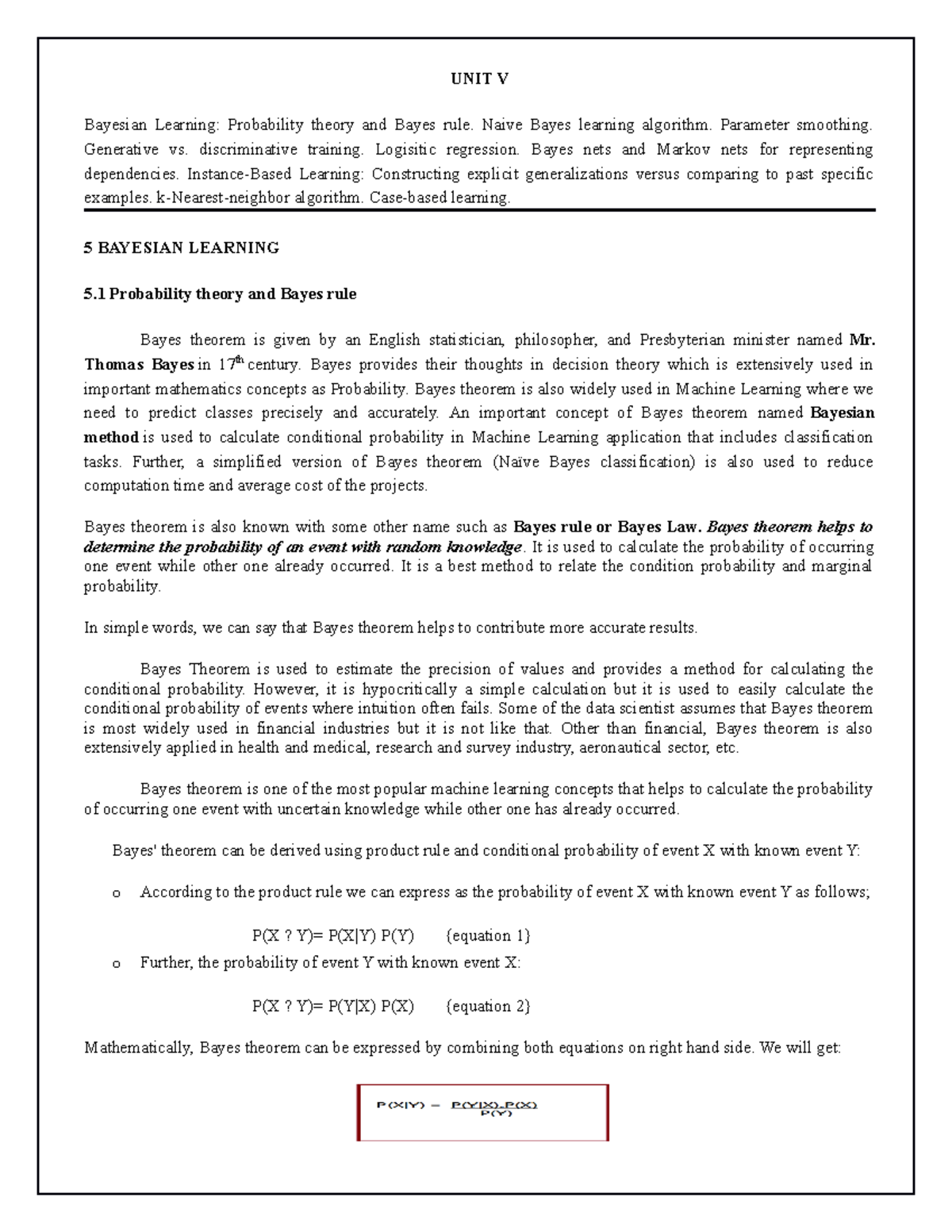 UNIT V IT ML - Paina kinda uppu ma balaya babu topu - UNIT V Bayesian ...