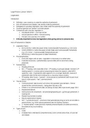 Lecture notes, Week 6, Lecturer Holly Cullen - Legal Process Lectures ...
