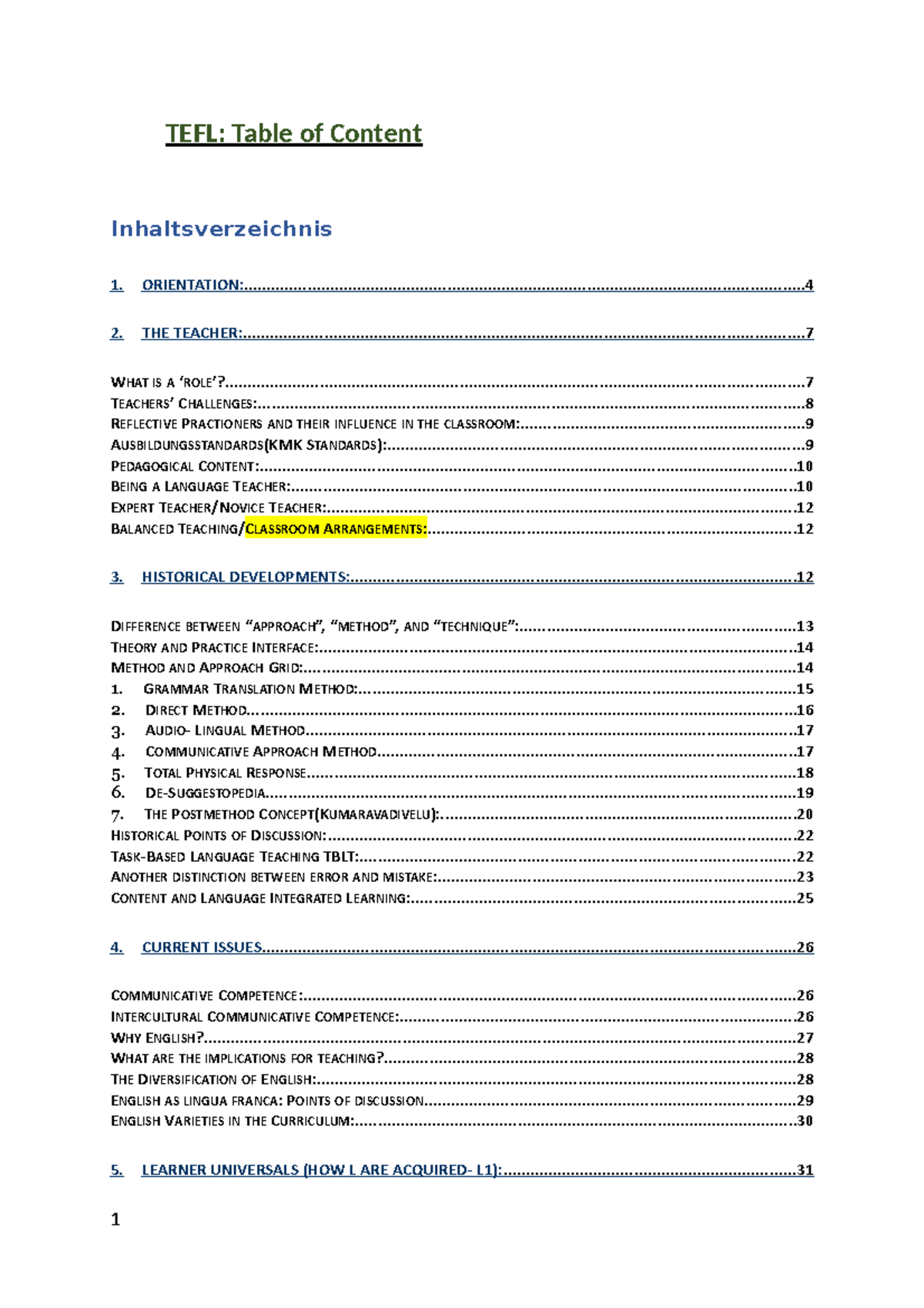 TEFL Zusammenfassung - Big Summary including a table of contents to ...