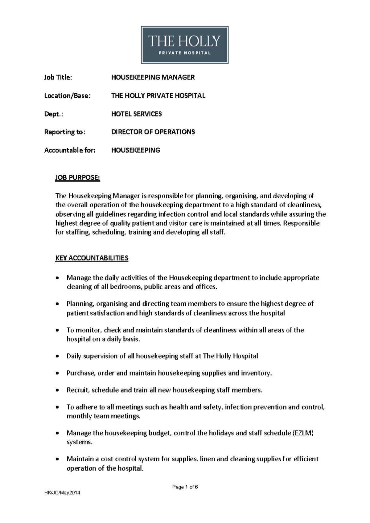 Housekeeping Manager New job description 2020 - Page 1 of 6 Job Title ...