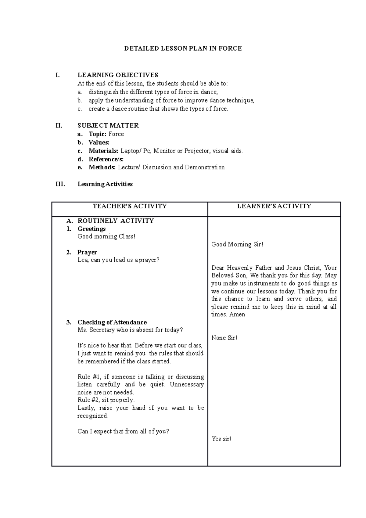 Detailed Lesson Plan - DETAILED LESSON PLAN IN FORCE I. LEARNING ...
