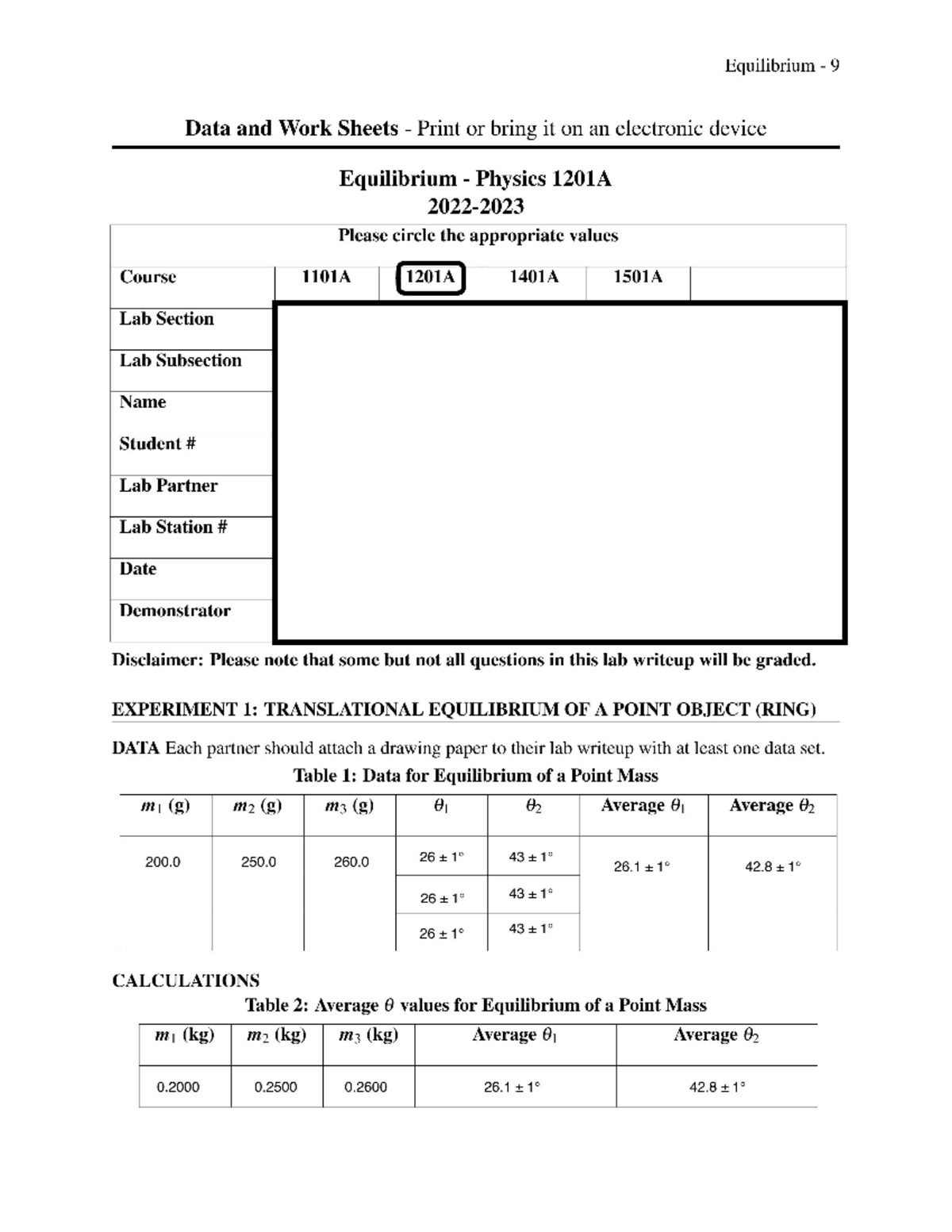 Equilibrium Lab - lab 2 - Physics 1201 - Studocu