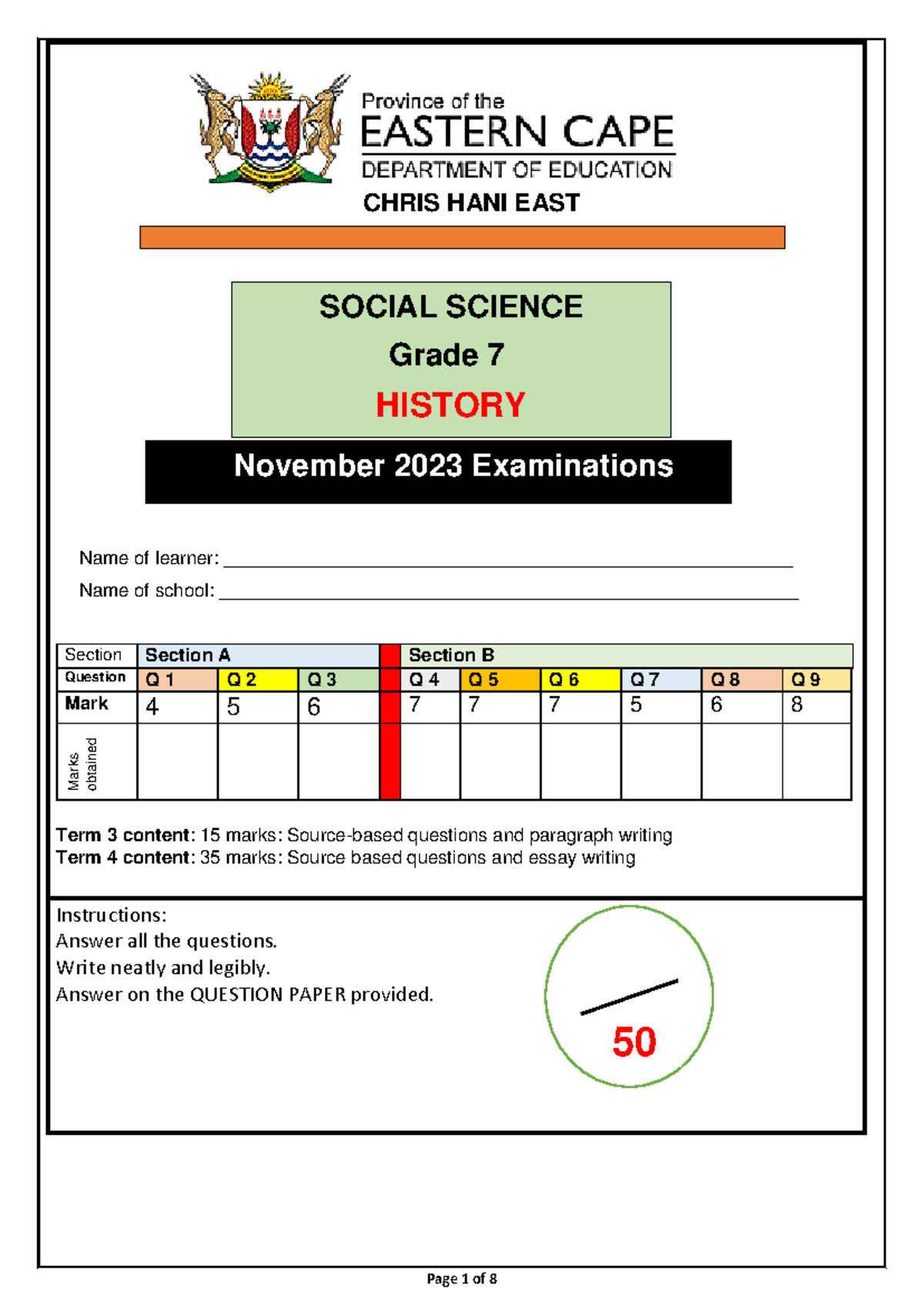 Grade-7-History November-2023 - Section Section A Section B Question Q ...