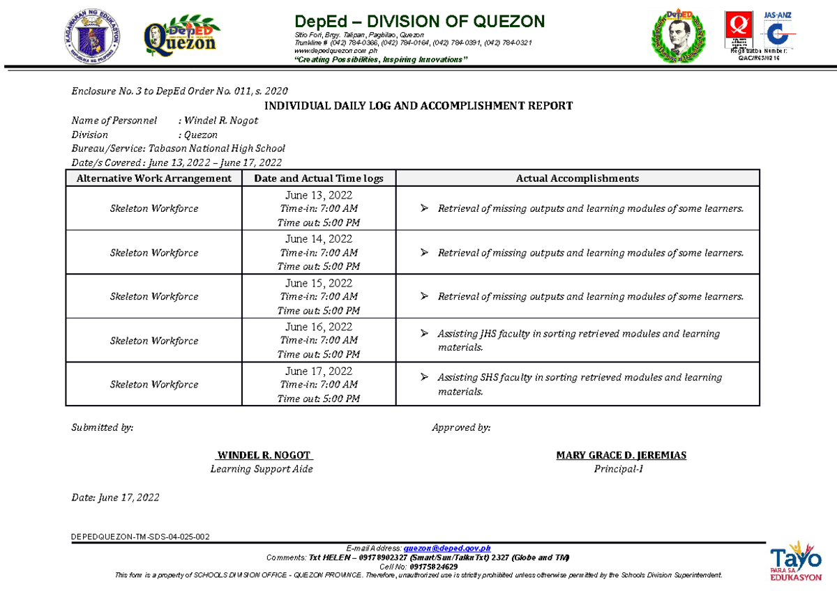 Idlar-LSA JUNE 13 TO JUNE 17 2022 Windel - ASSUREDCOMPANYQUALITY ISO ...