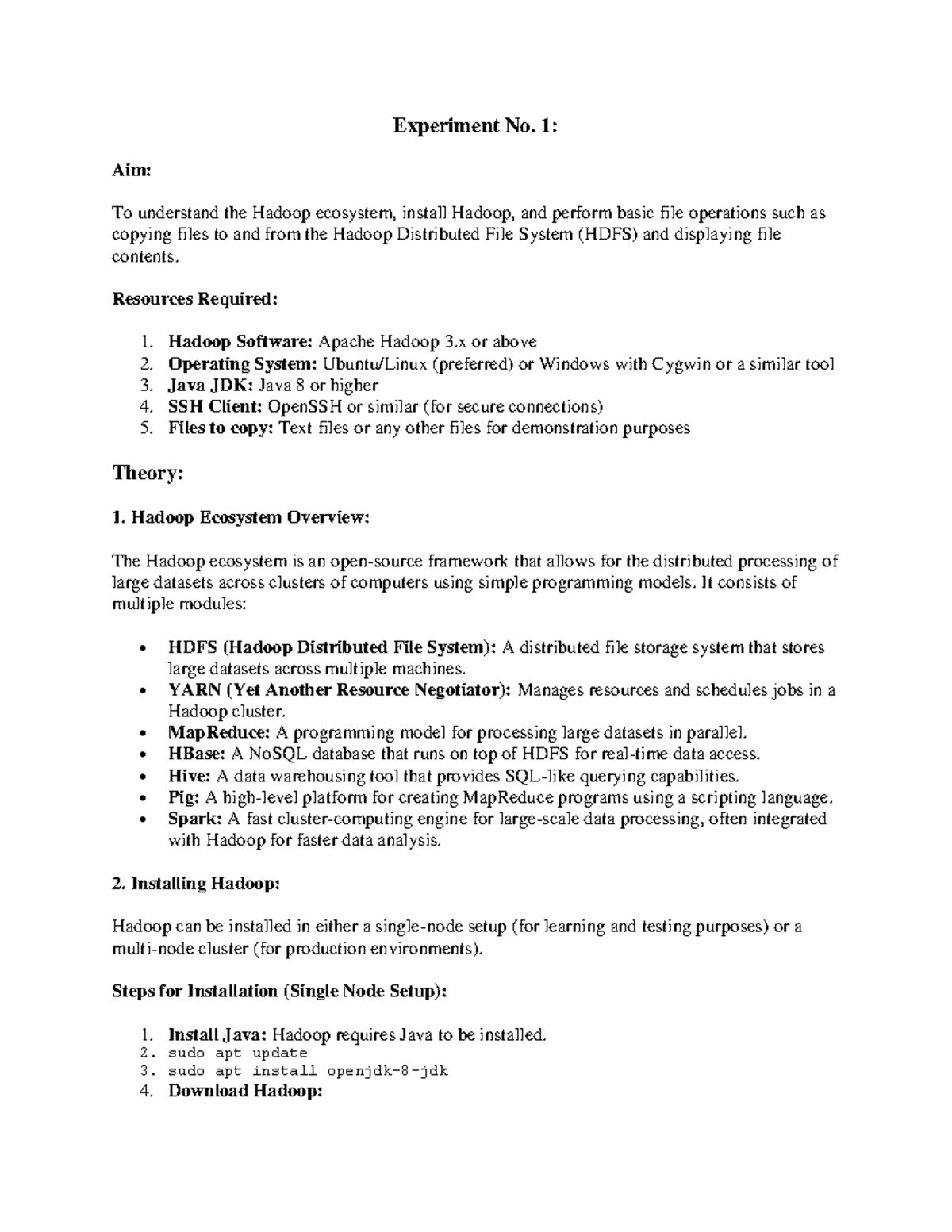 Bda - It is very helpful to all. - Experiment No. 1: Aim: To understand the Hadoop ecosystem ...