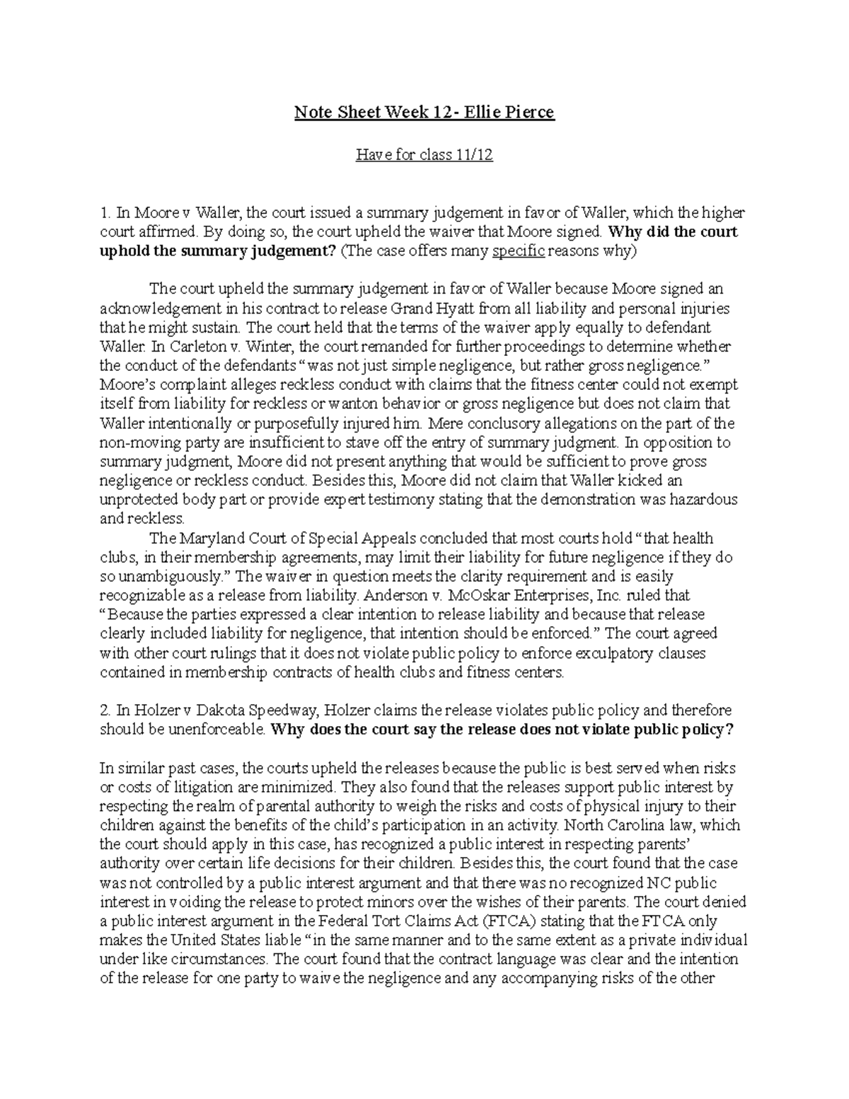 Risk Management Week 12 Note Sheet - Note Sheet Week 12- Ellie Pierce ...