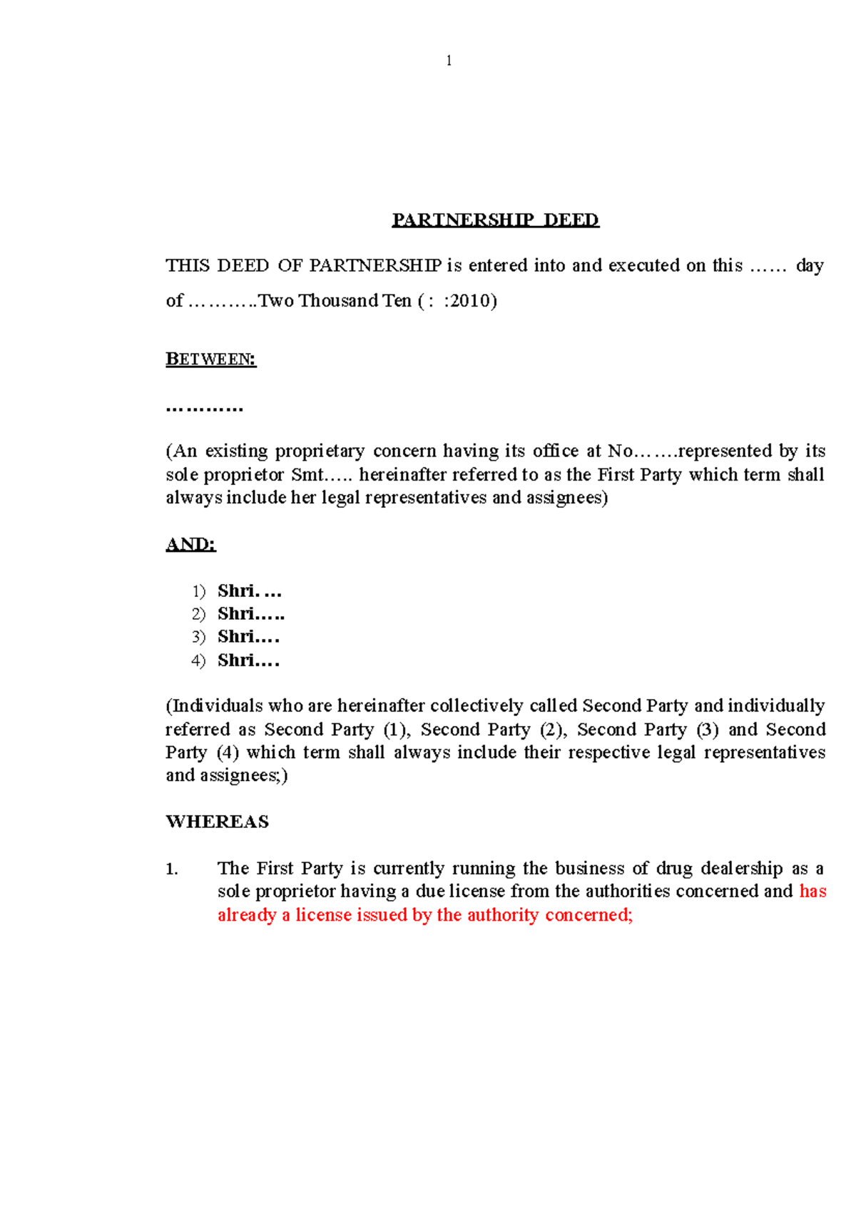 Partnership DEED Format - PARTNERSHIP DEED THIS DEED OF PARTNERSHIP is ...