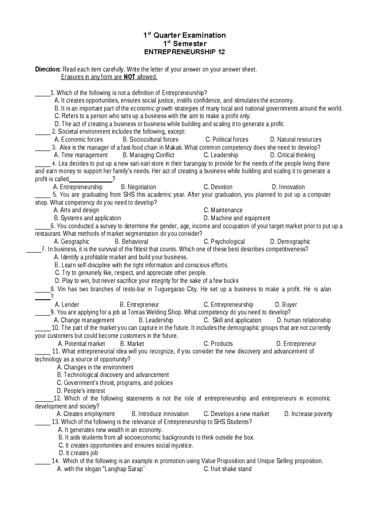 Entrep 12 EXAM quarter 1 - 1 st Quarter Examination 1 st Semester ...