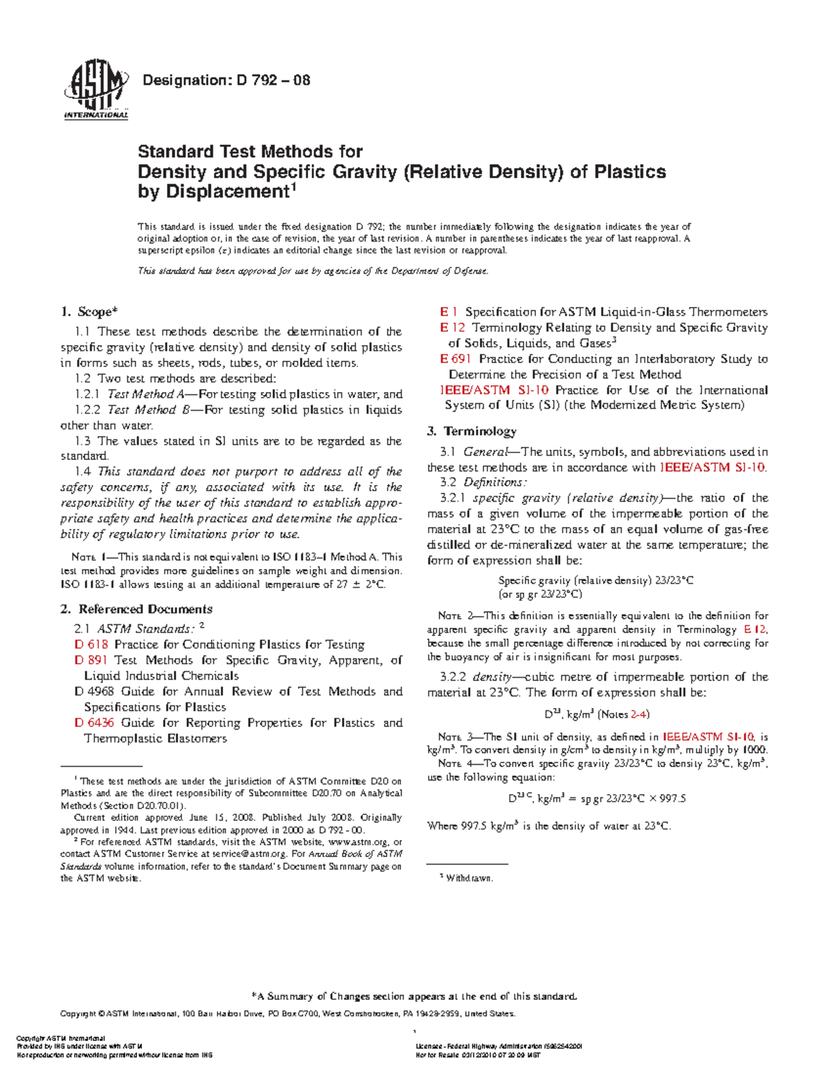 Standard Test Methods for Density and Sp - Designation: D 792 – 08 ...