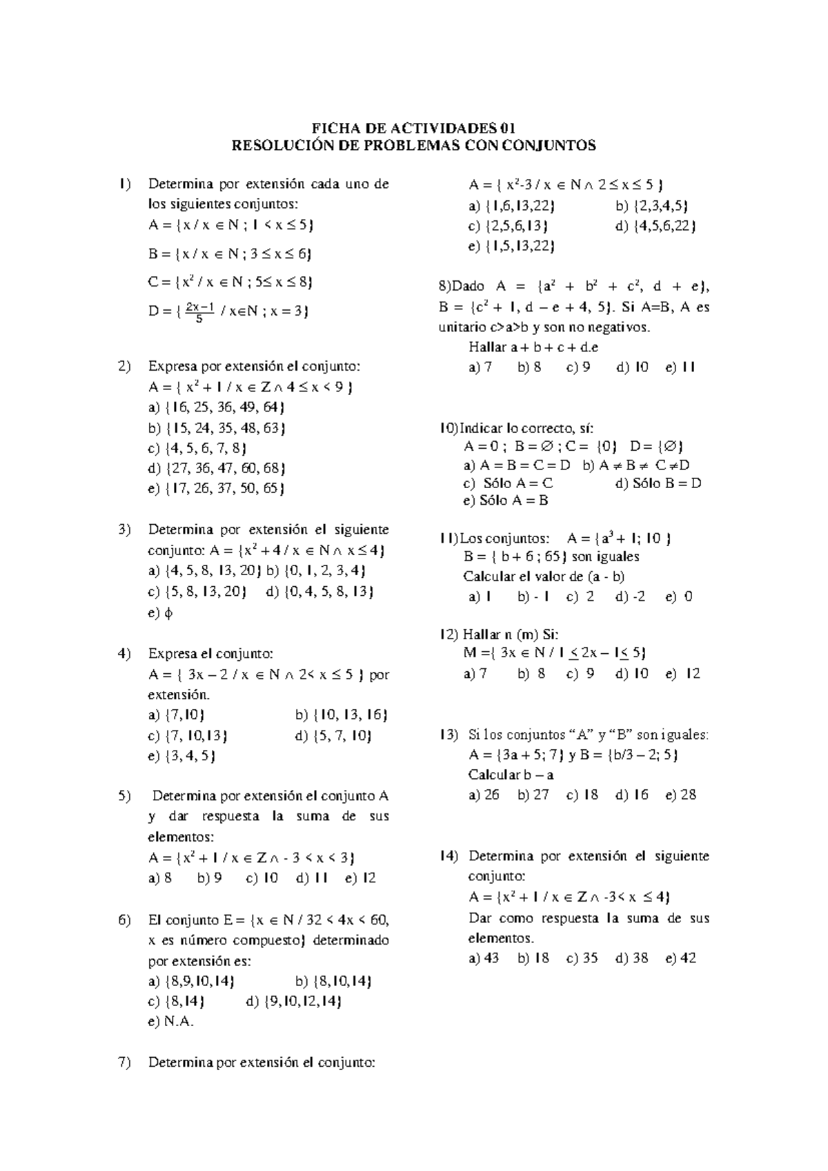 Sesión Nº 01 Ejercicios Tarea - FICHA DE ACTIVIDADES 0 1 RESOLUCIÓN DE PROBLEMAS CON CONJUNTOS 1 ...