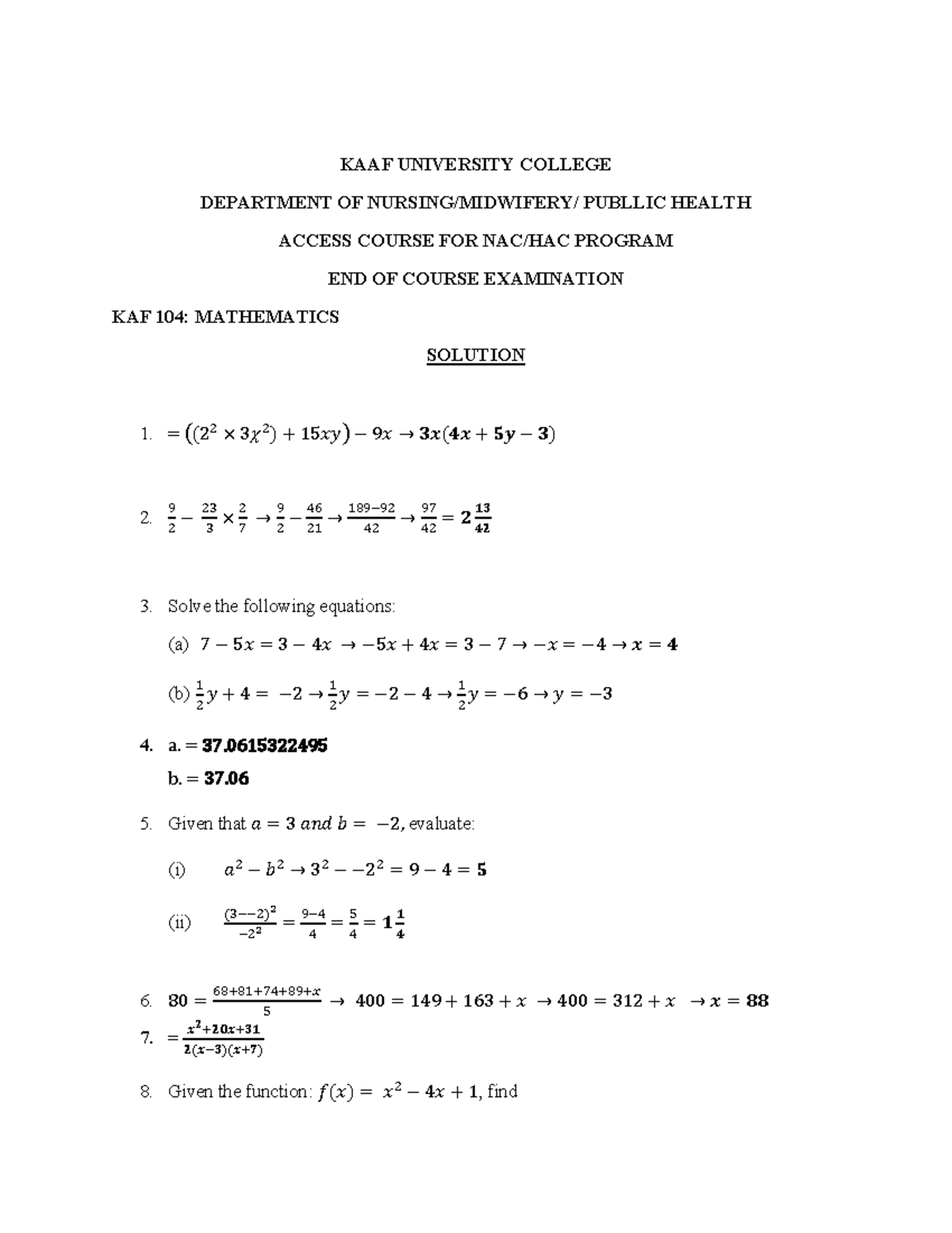 Mathematics, - Maths - KAAF UNIVERSITY COLLEGE DEPARTMENT OF NURSING ...