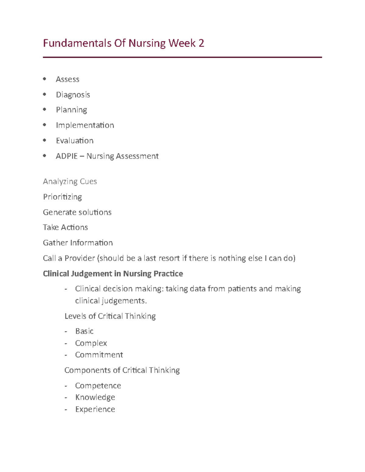 Fundamentals Of Nursing Week 2 - Levels of Critical Thinking Basic ...