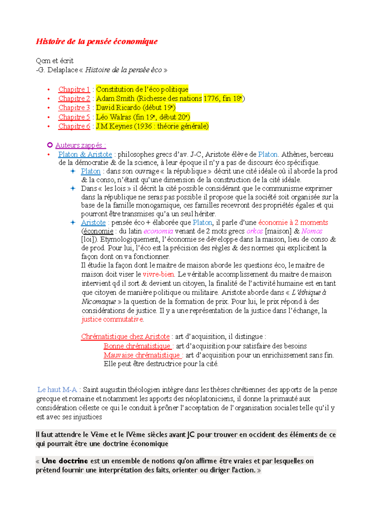 Cours Histoire - Histoire de la pensée économique Qcm et écrit -G ...