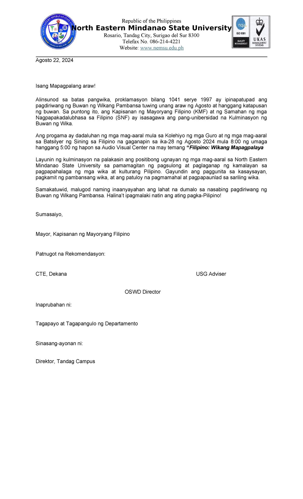 Letter sample - Republic of the Philippines North Eastern Mindanao ...