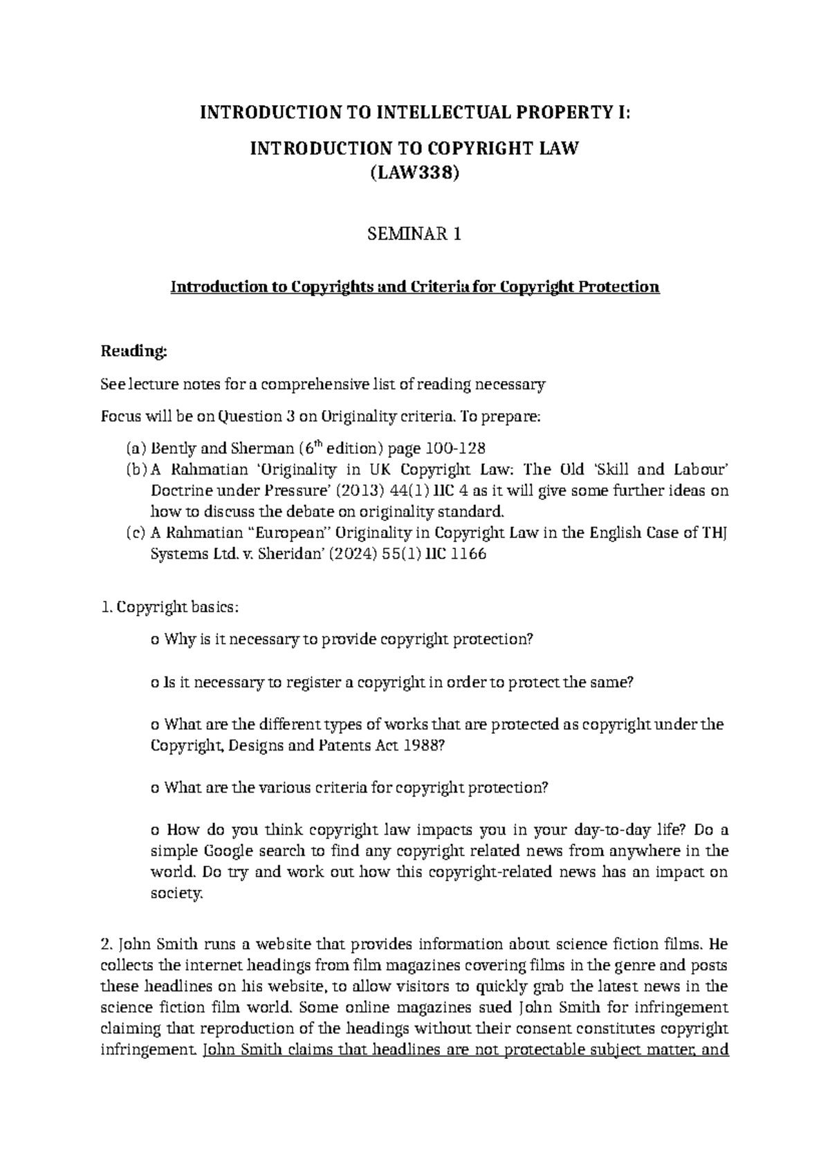 Seminar 1 Intro to Copyright & Originality - INTRODUCTION TO INTELLECTUAL PROPERTY I ...