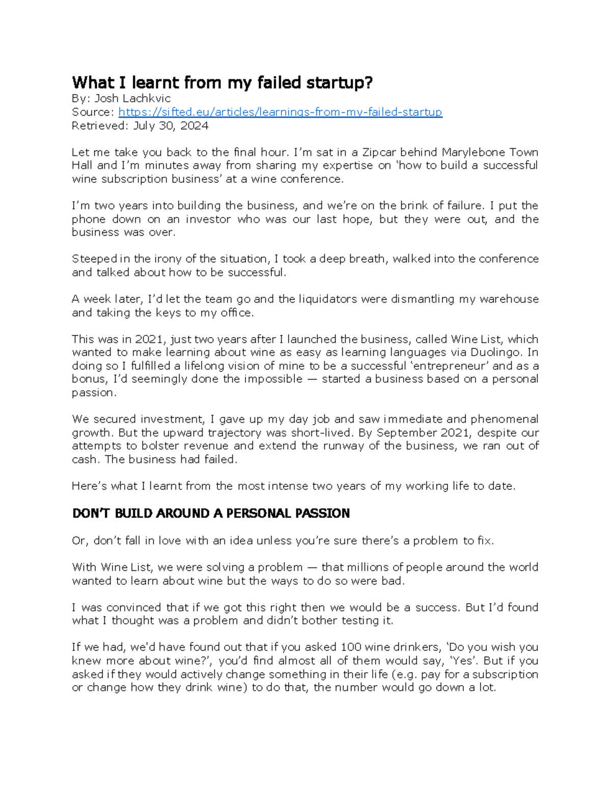 Unit 1 - Reading - What I learnt from my failed startup - What I learnt ...