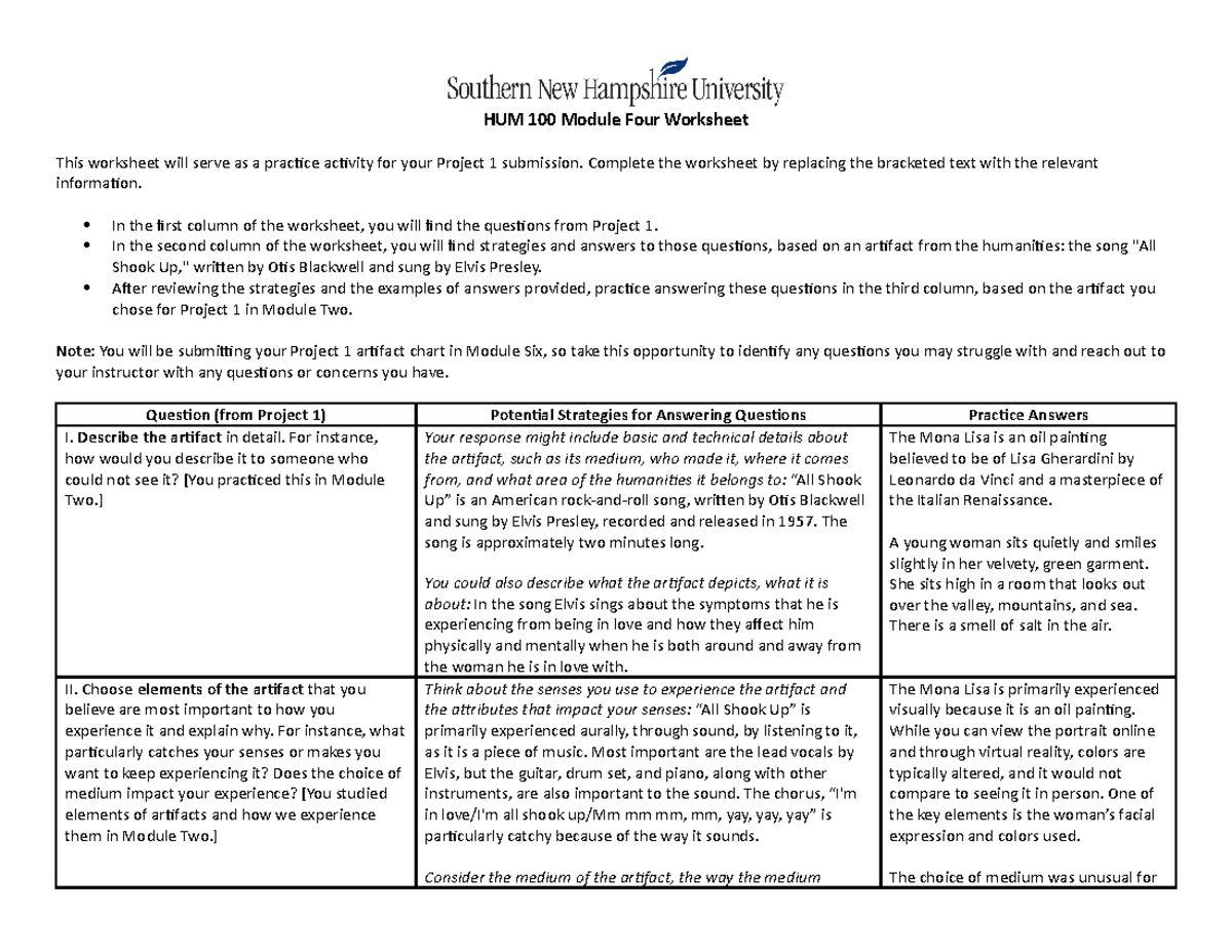 HUM 100 Module Four Worksheet - HUM 100 Module Four Worksheet This ...