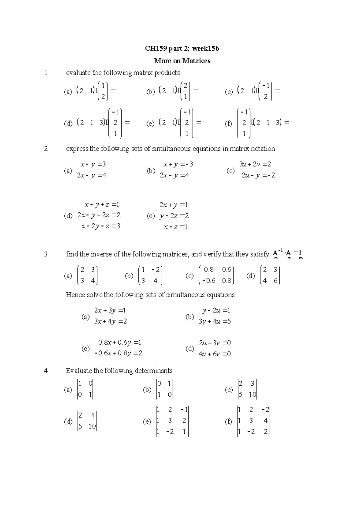 CH159 2011-2012 Practice Problems 2 (Matrices) - CH159 part 2; week15b ...