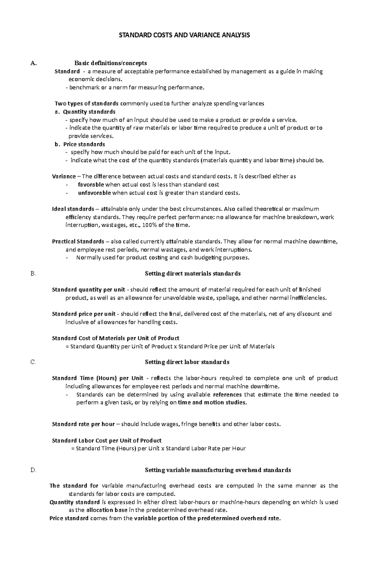 Standard Costs AND Variance Analysis - STANDARD COSTS AND VARIANCE ...