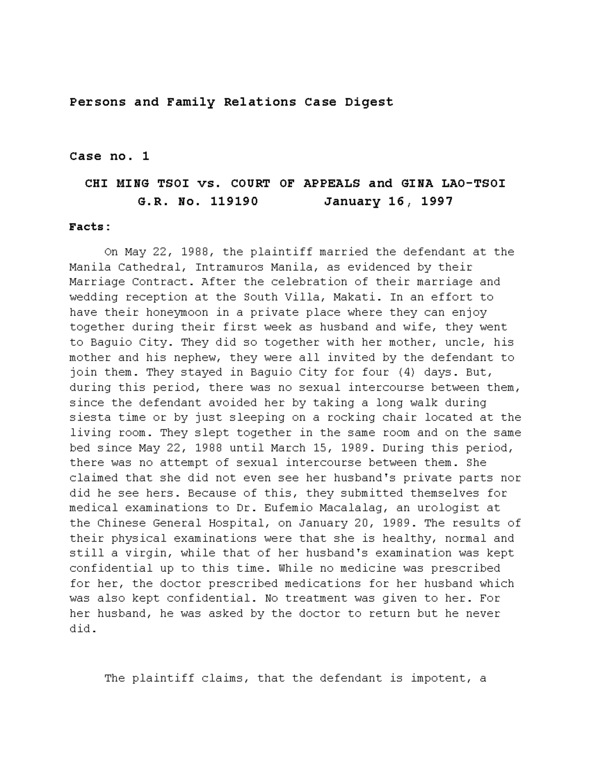 PFC Cases - Case Digests - Persons and Family Relations Case Digest Case no. 1 CHI MING TSOI vs ...