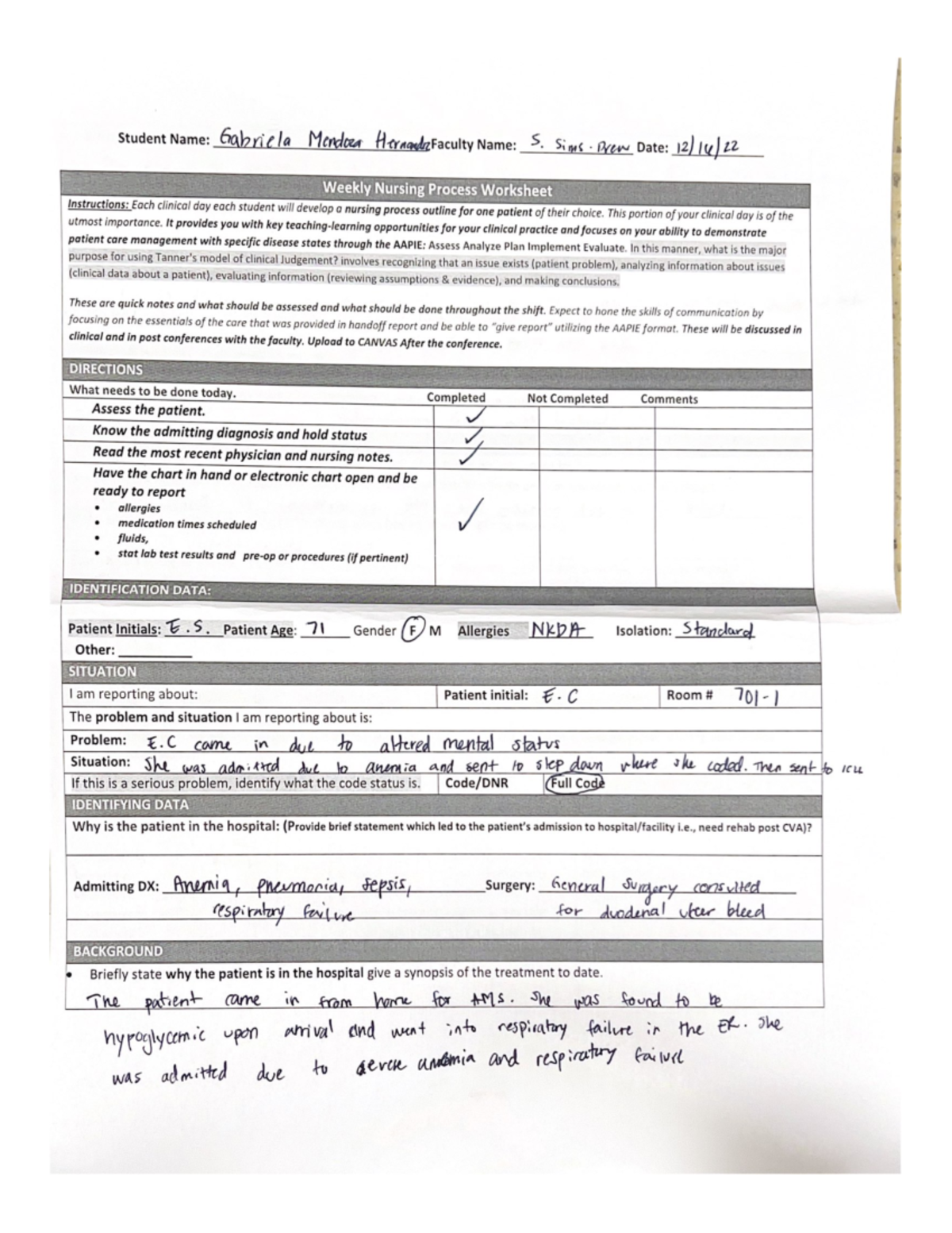 Nursing Process Worksheet 6 - NURS 321/AL - Studocu