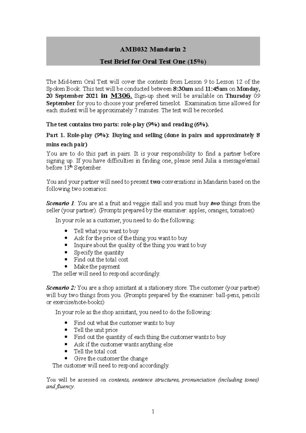 AMB032 -Oral Test 1Brief 2021 - AMB032 Mandarin 2 Test Brief for Oral ...