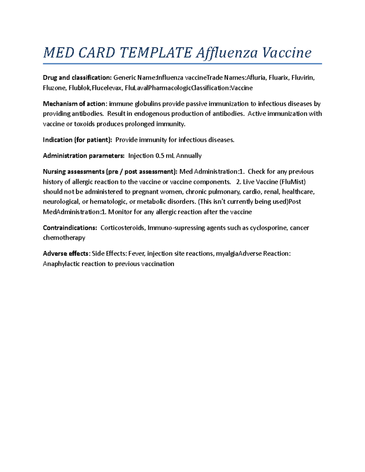 Flu vaccine - drug cards - MED CARD TEMPLATE Affluenza Vaccine Drug and ...