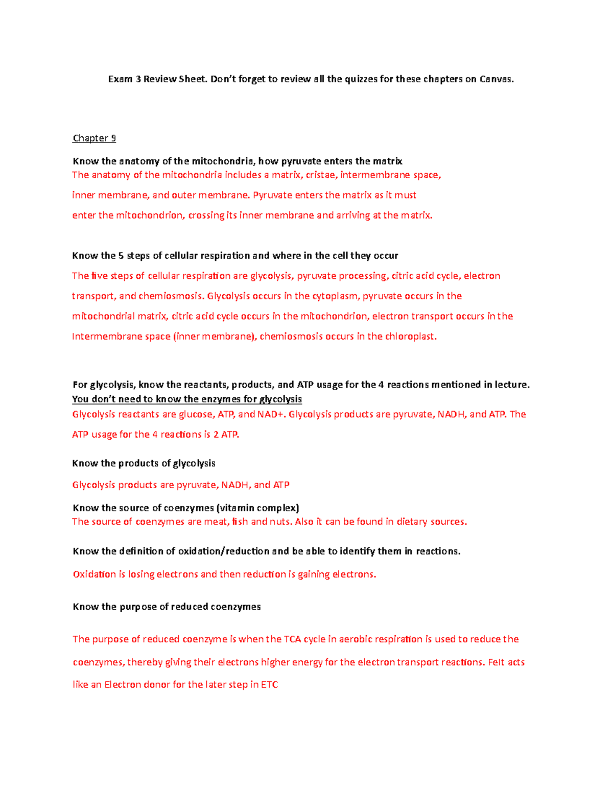 Exam 3 Review Sheet: Cellular Respiration Photosynthesis Cell Cycle and ...