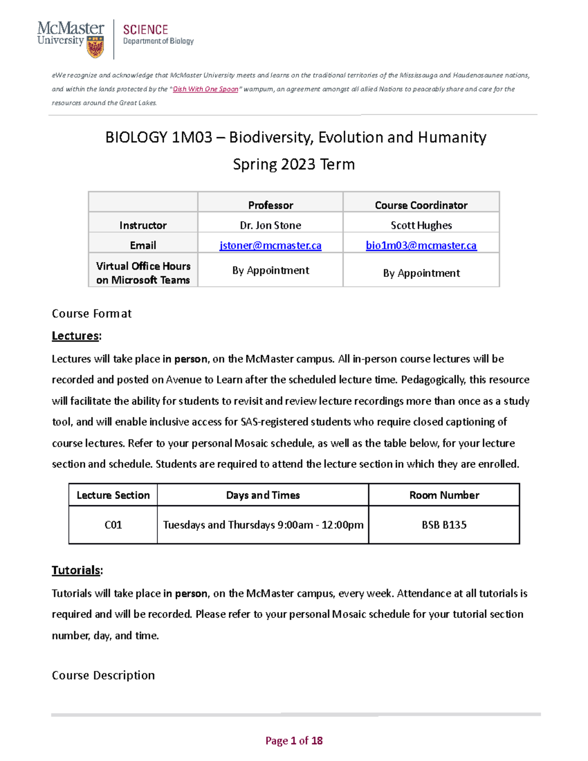Bio1M03 Course Outline S2023 - eWe recognize and acknowledge that ...