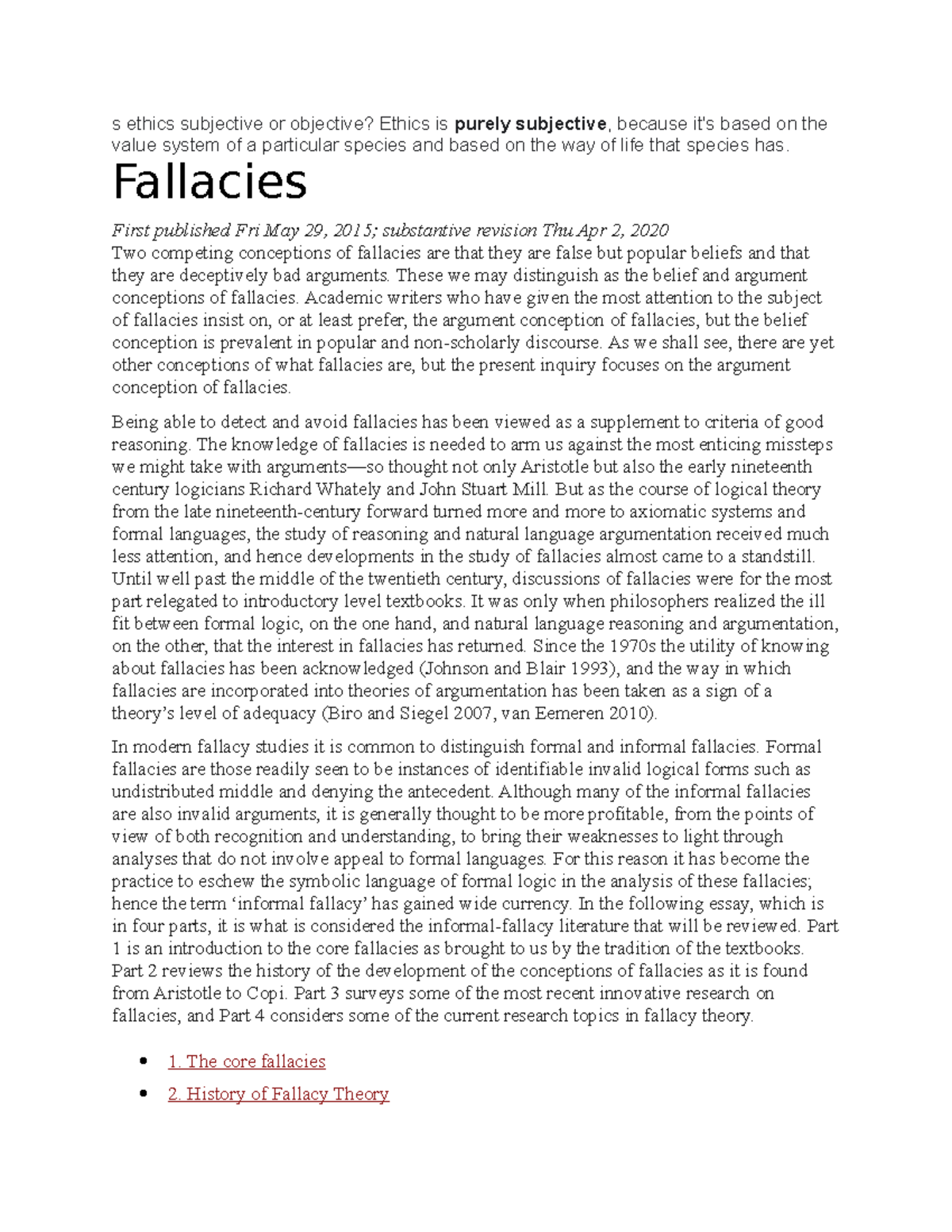 Ethics week 1-2 Fallacies reading - s ethics subjective or objective ...