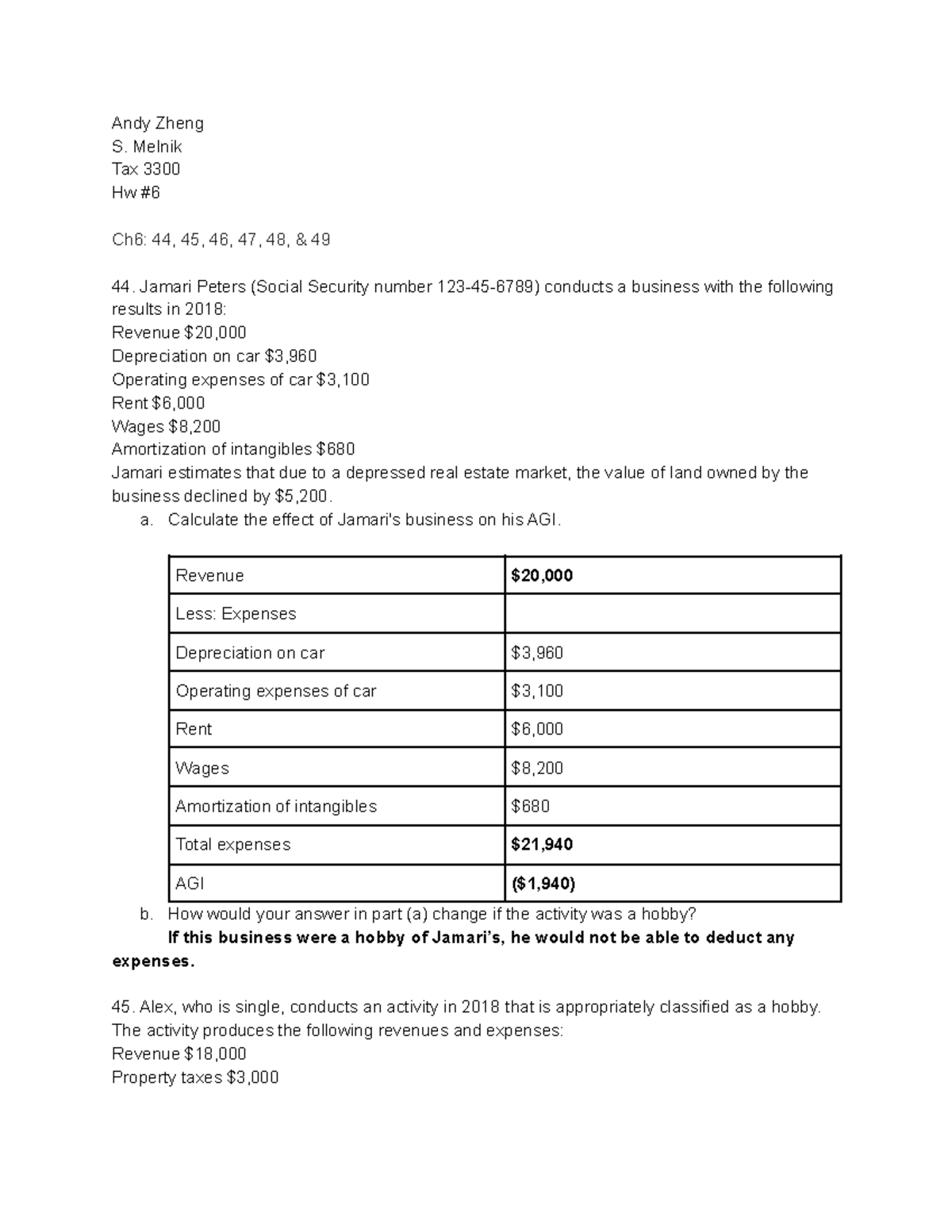 Tax hw6 - homework - Andy Zheng S. Melnik Tax 3300 Hw # Ch6: 44, 45, 46 ...