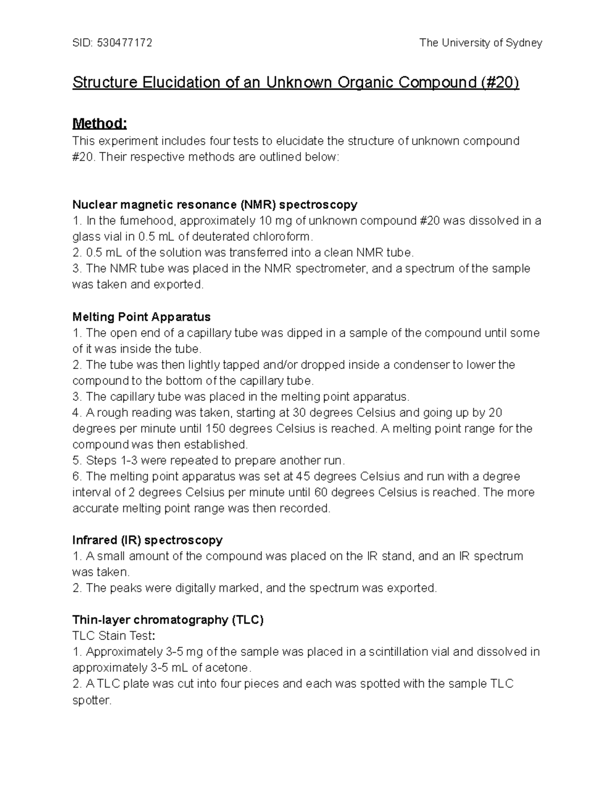 Experiment 1 - Short Report - Structure Elucidation of an Unknown ...