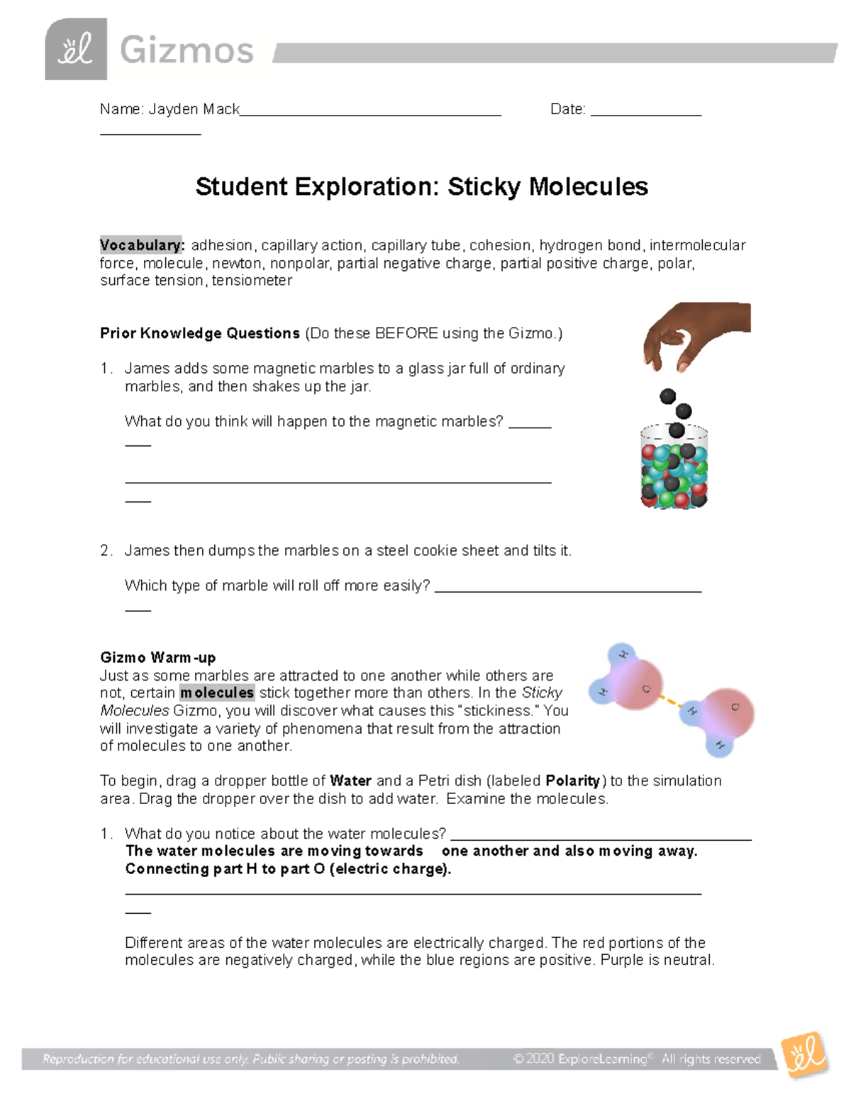 Gizmo - Sticky Molecules SE - Name: Jayden Mack Date: Student ...