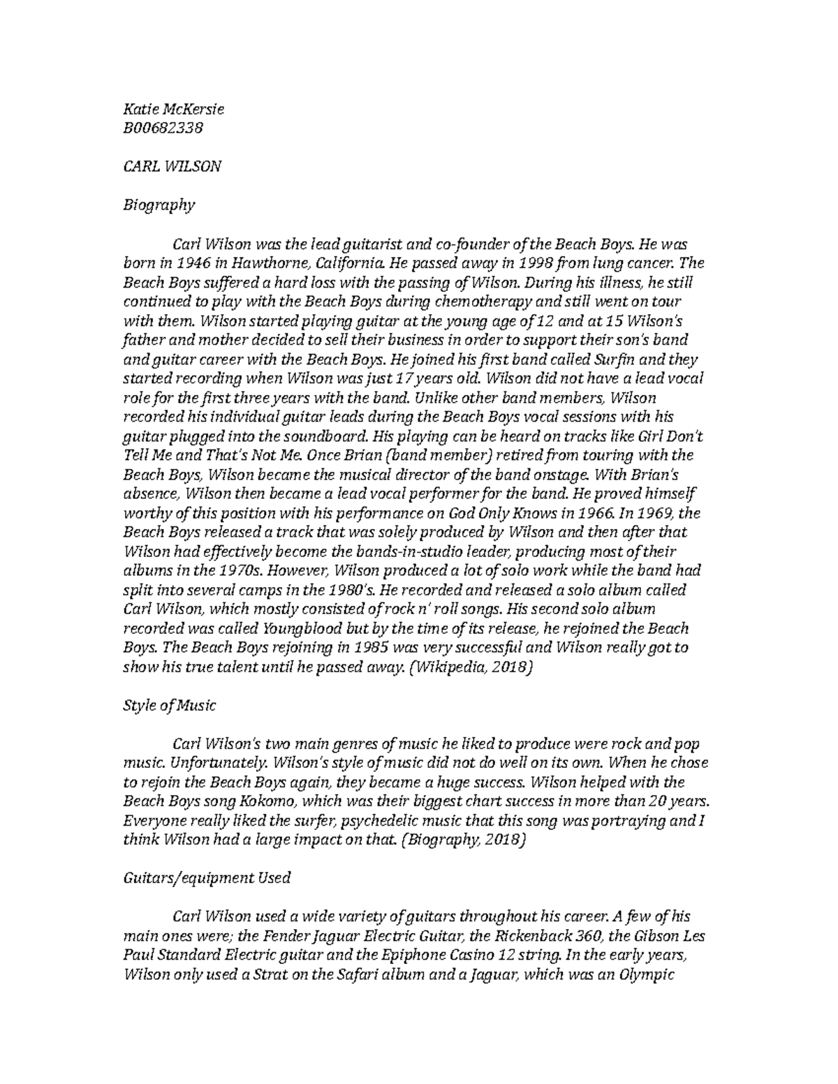 Carl Wilson Essay - Katie McKersie B00682338 CARL WILSON Biography Carl ...