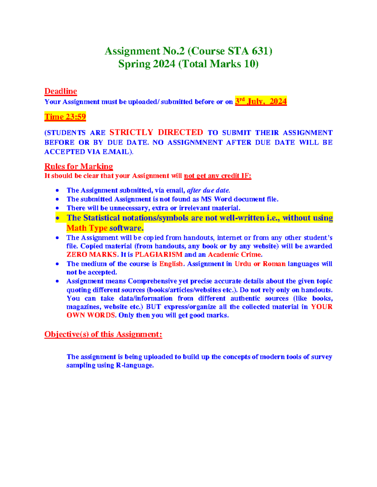 Spring 2024 STA631 2 - State631 - Assignment No (Course STA 631) Spring 2024 (Total Marks 10 ...