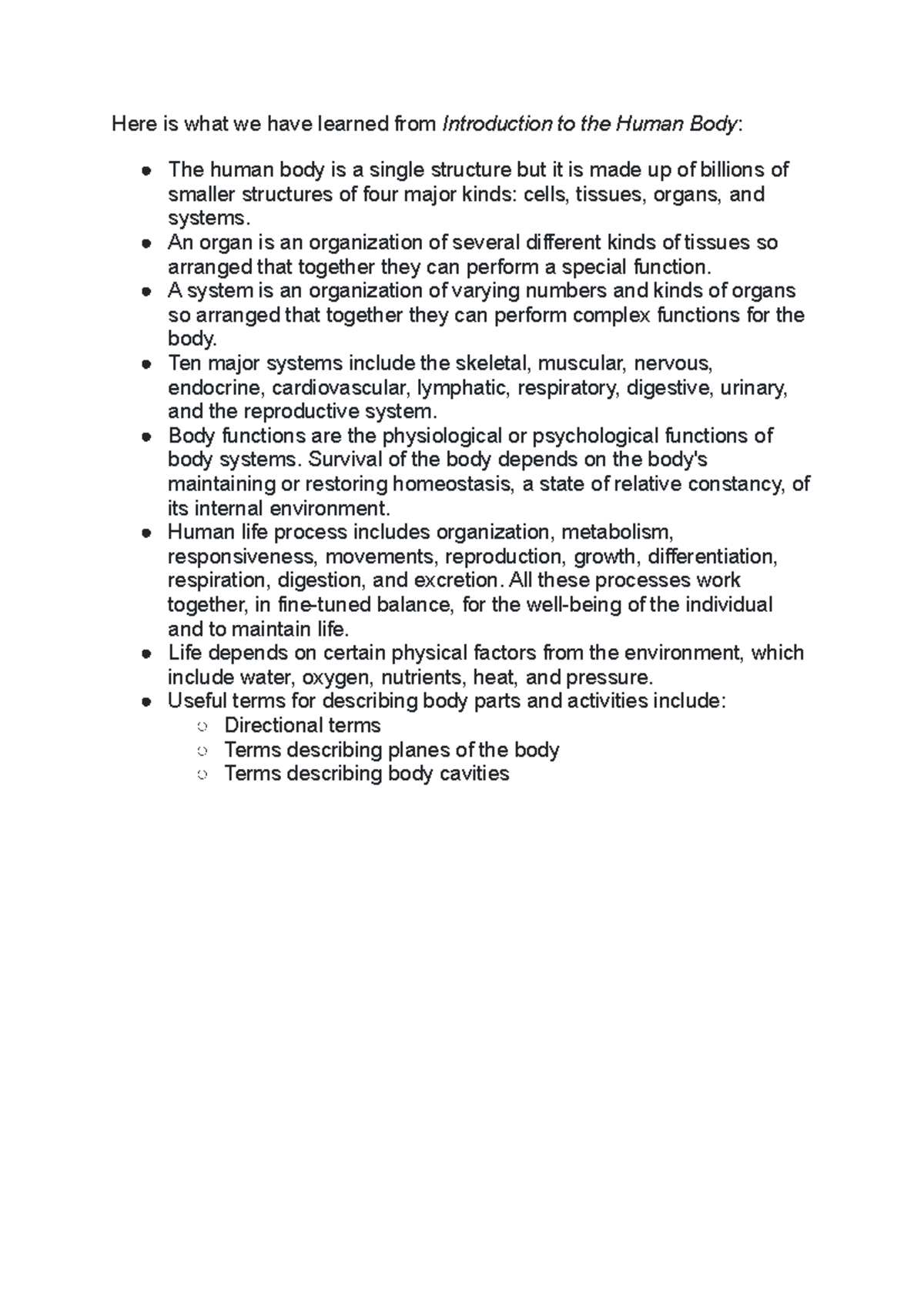 Review Introduction to the Human Body - Here is what we have learned ...