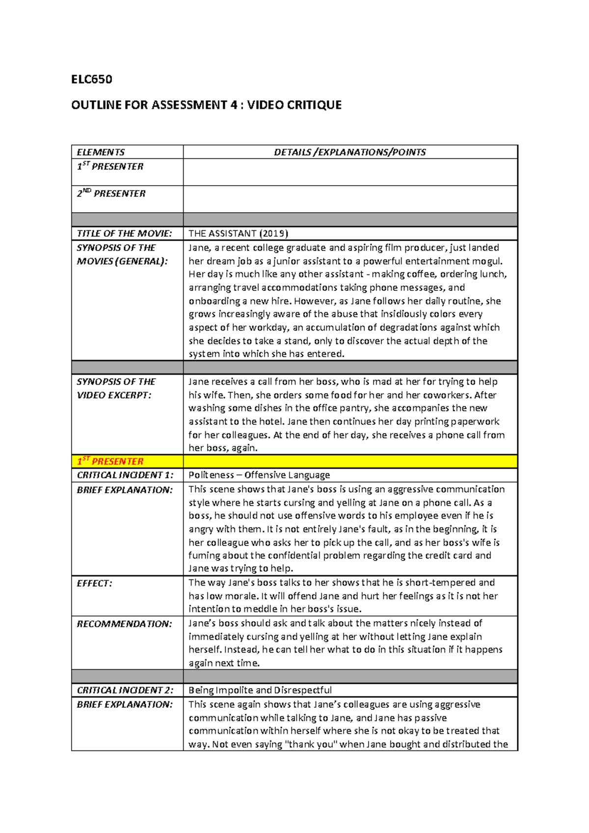 Video Critique - THE Assistant (2019 ) - ELC OUTLINE FOR ASSESSMENT 4 ...