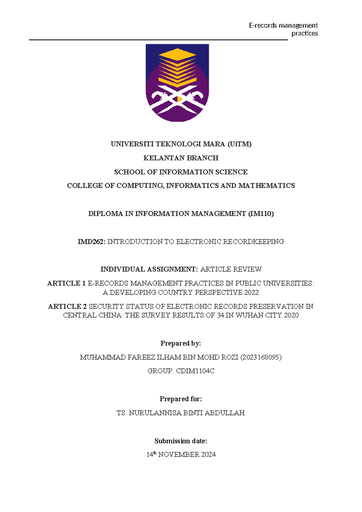 IMD262 Article Review - practices UNIVERSITI TEKNOLOGI MARA (UiTM ...