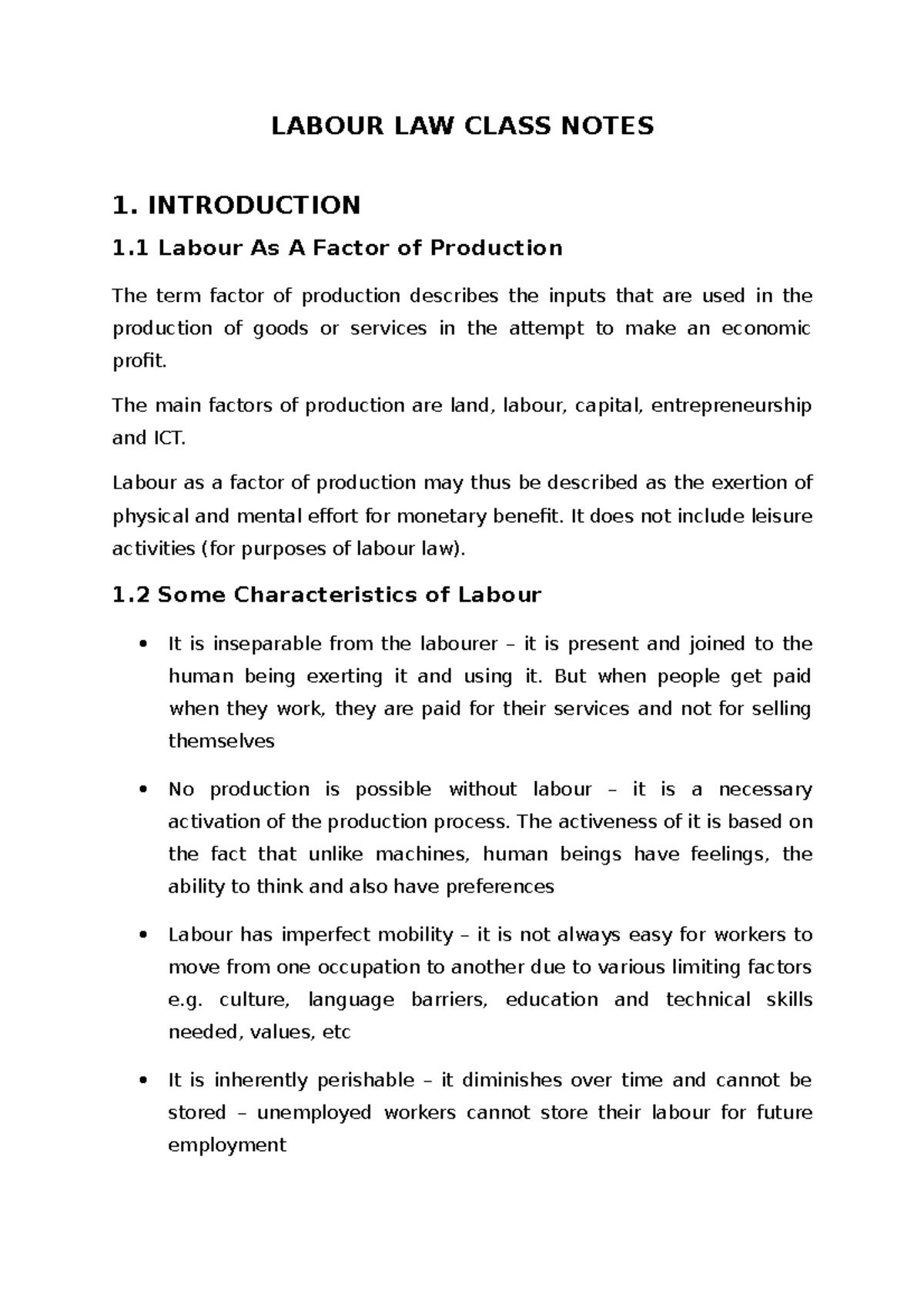 Consolidated notes - Gives summaries from readings - LABOUR LAW CLASS ...