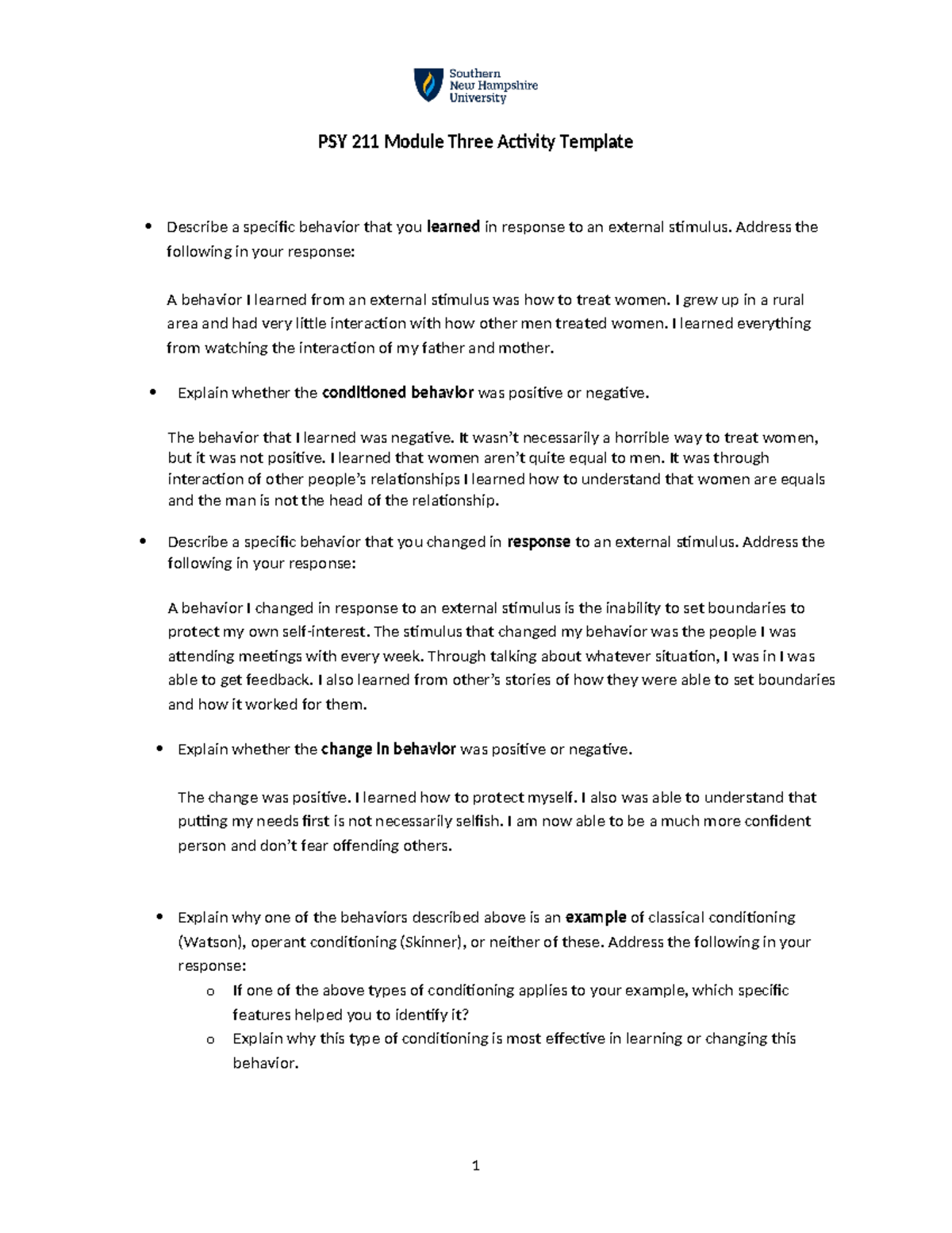 3-2 Activity - module 3-2 - PSY 211 Module Three Activity Template Describe a specific behavior ...